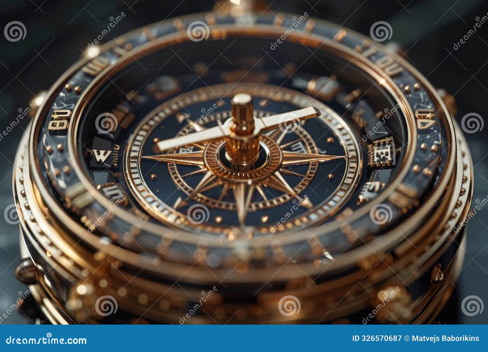 Luxurious Modern Compass on Reflective Table Pointing To Wealth in Rich ...