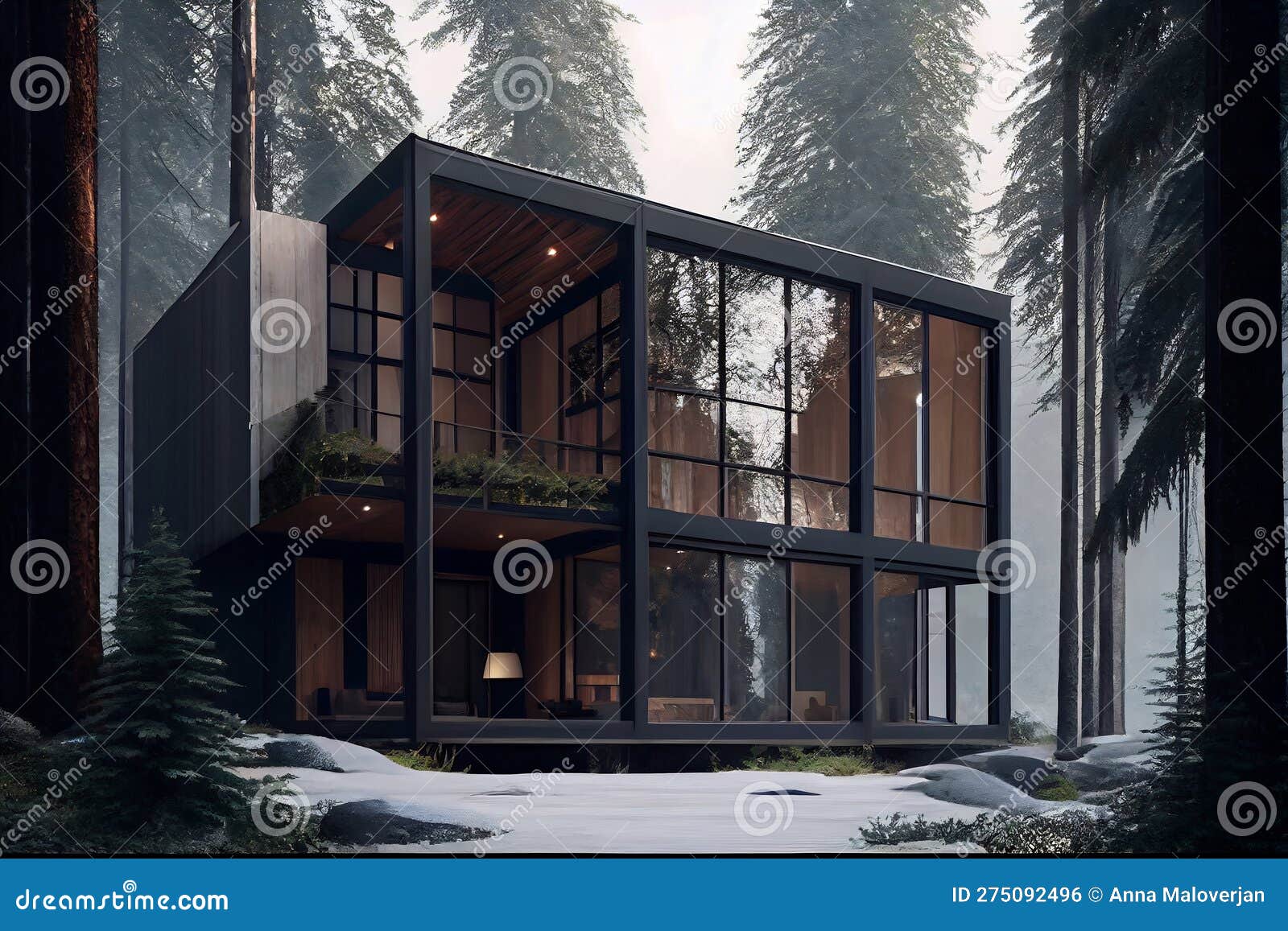 Luxurious Modern House with Big Windows and Forest Around Stock ...