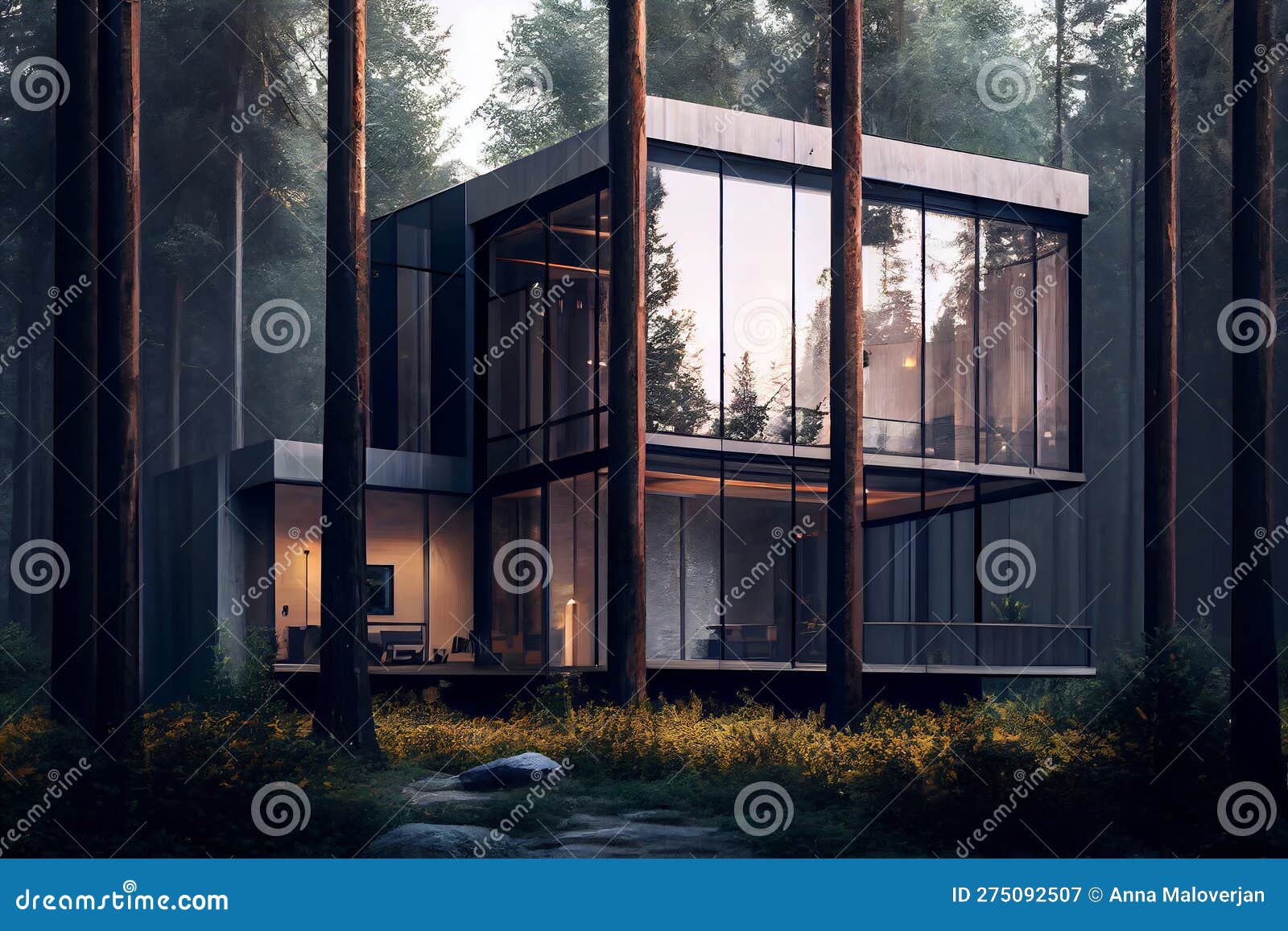 Luxurious Modern House with Big Windows and Forest Around Stock ...