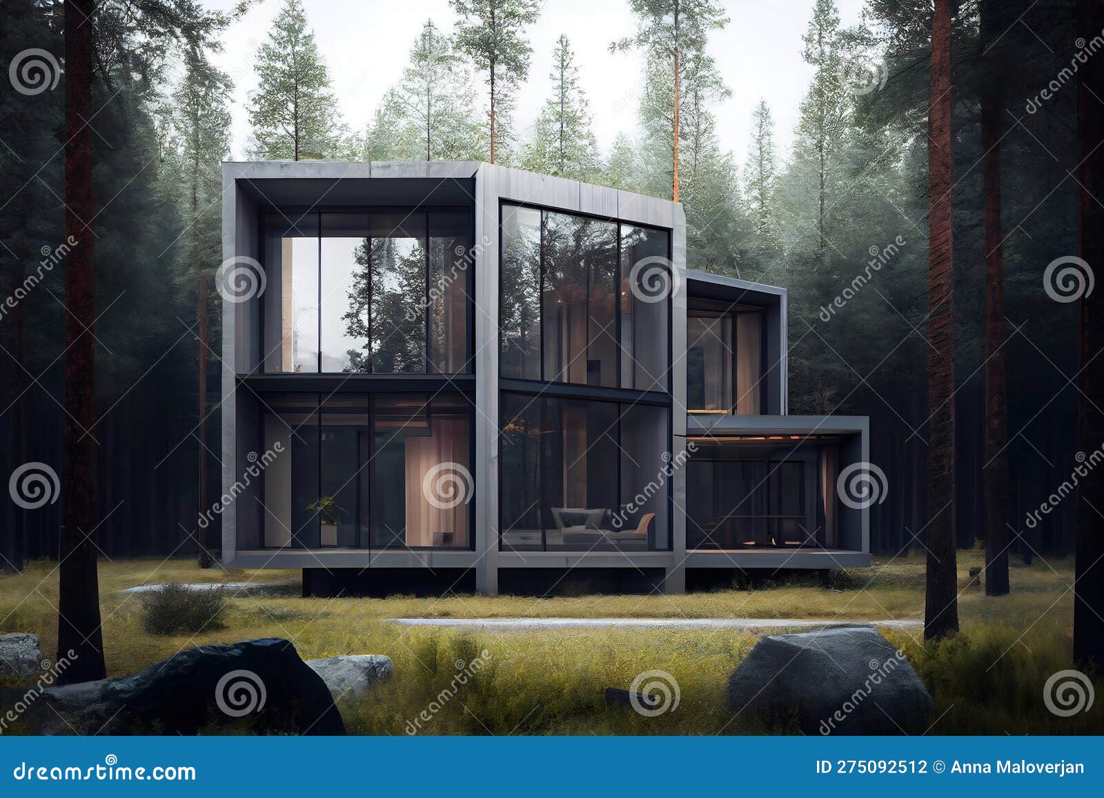 Luxurious Modern House with Big Windows and Forest Around Stock ...