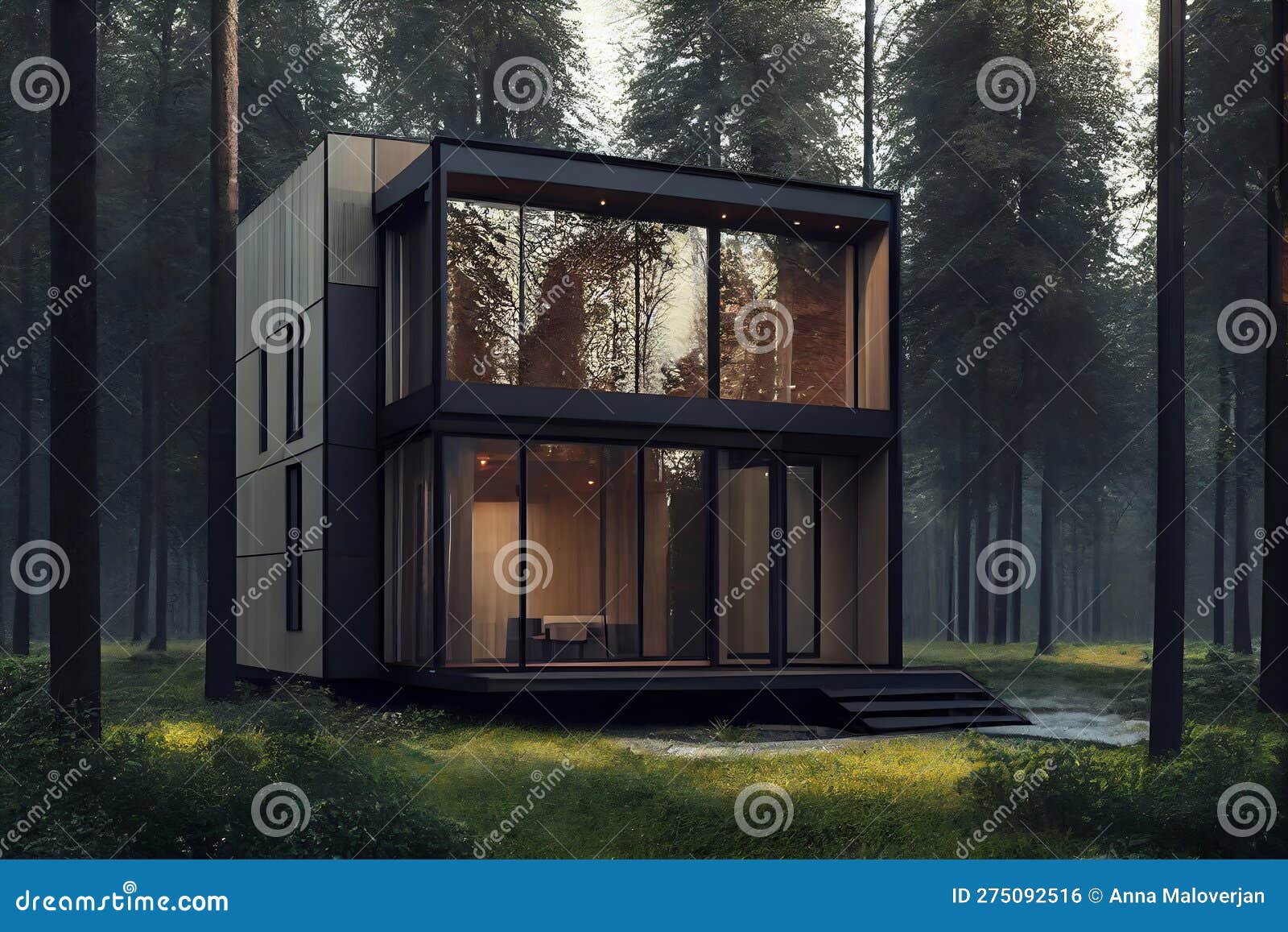 Luxurious Modern House with Big Windows and Forest Around Stock ...