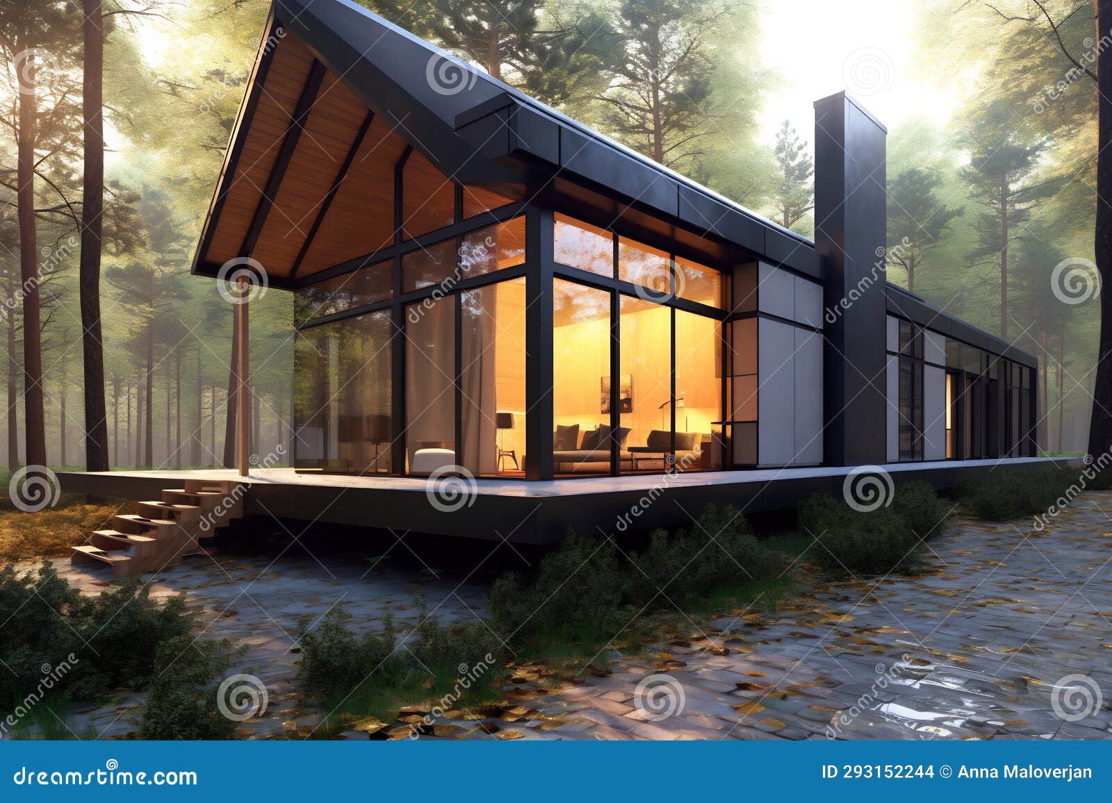 Luxurious Modern House with Big Windows and Forest Around Stock Photo ...