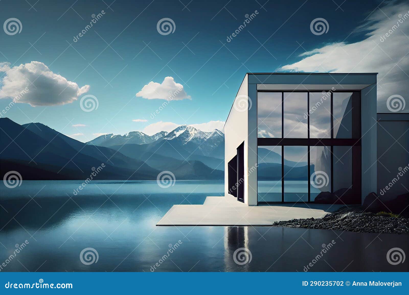 Luxurious Modern House with Big Windows and Water Around Stock Photo ...