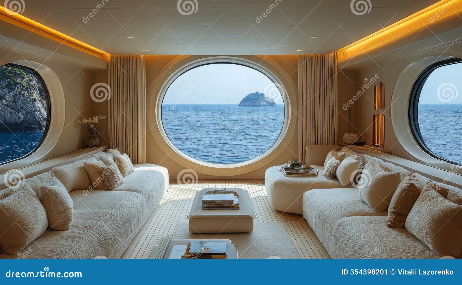 Luxurious Modern Ship Interior with Ocean View through Porthole Stock ...