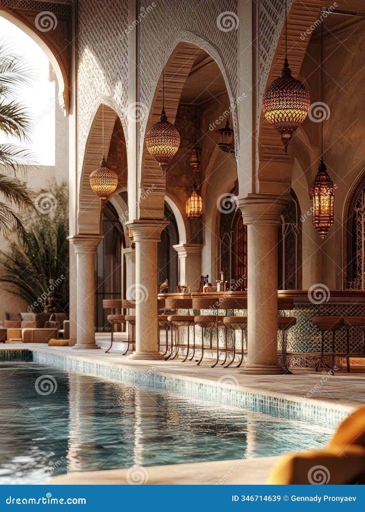 Luxurious Moroccan Courtyard with Pool and Ornate Lanterns Stock Image ...