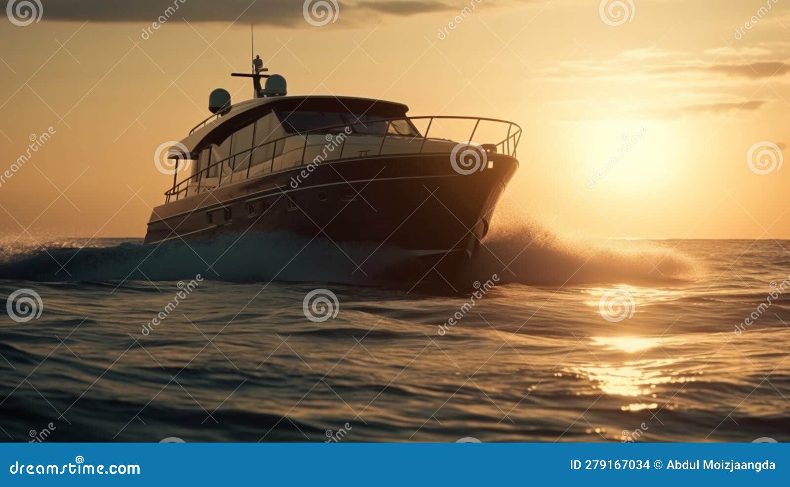 A Luxurious Motor Boat Gracefully Cruises The Sea, Embraced By The Dawn ...