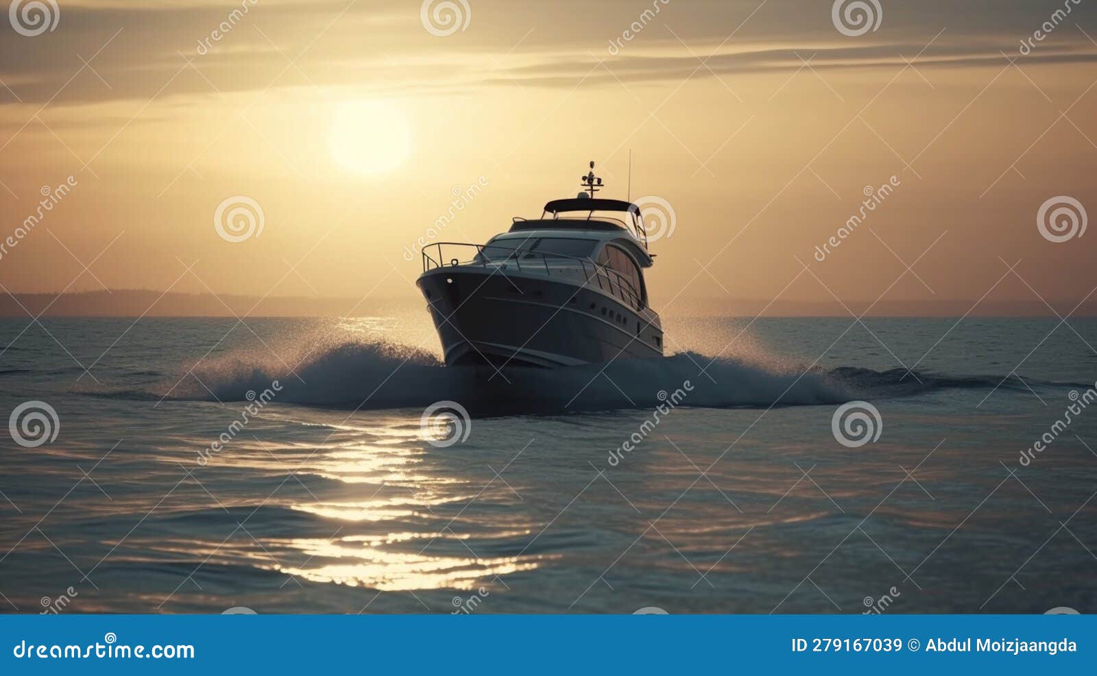 A Luxurious Motor Boat Gracefully Cruises The Sea, Embraced By The Dawn ...