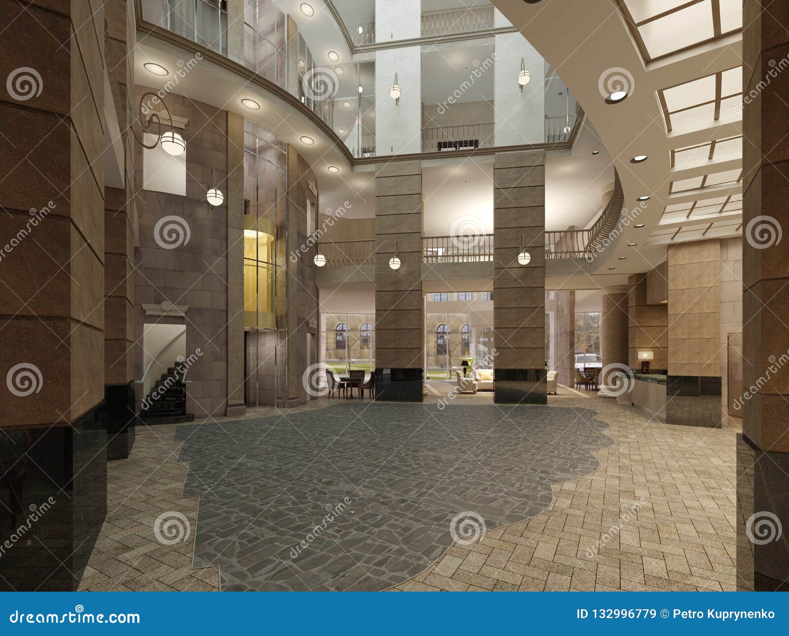 Luxurious Multi-storey Lobby Hall of a Five-star Hotel, with Stone ...