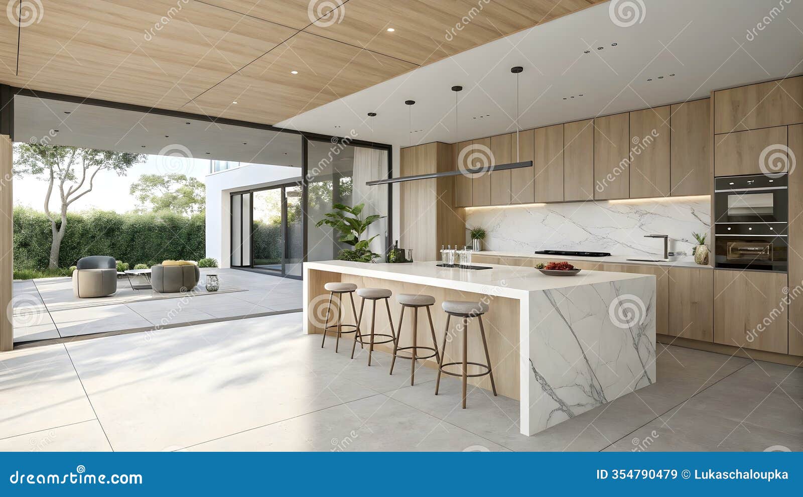 Luxurious Open-Concept Kitchen with Island Overlooking Modern Pool and ...