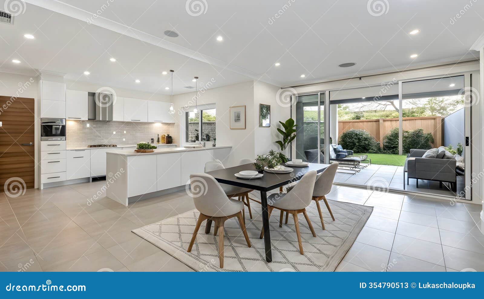 Luxurious Open-Concept Kitchen with Island Overlooking Modern Pool and ...