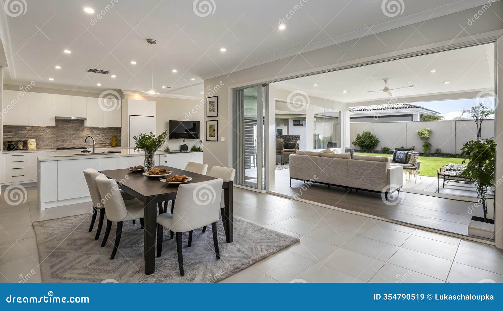 Luxurious Open-Concept Kitchen with Island Overlooking Modern Pool and ...