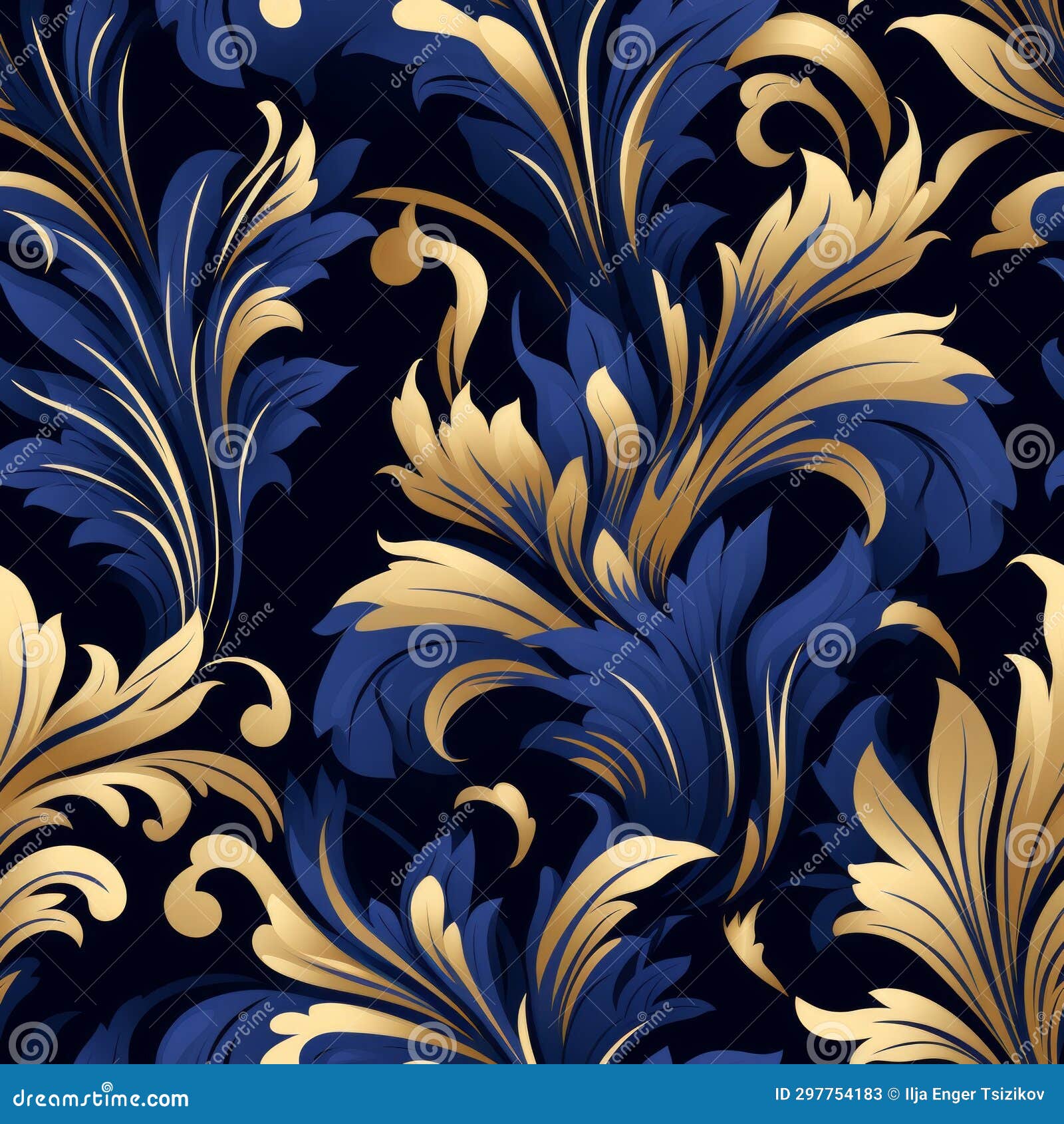 Luxurious and Ornate Damask Seamless Pattern in Deep Blue and Gold ...