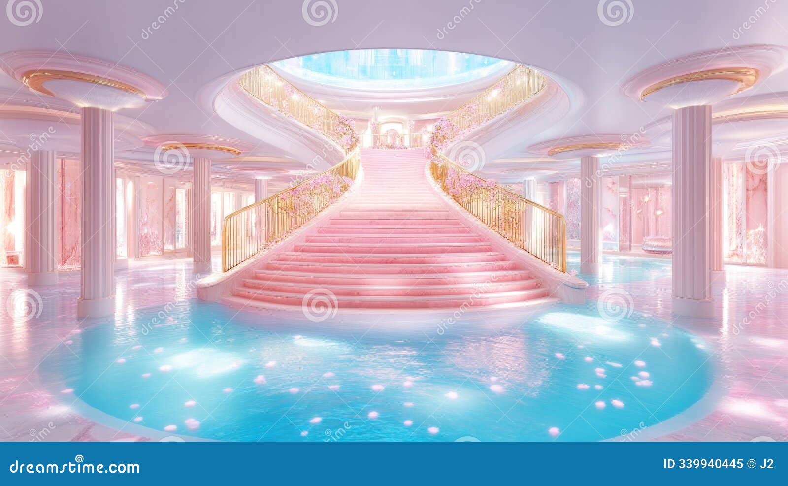 Luxurious Pink Palace Interior with Grand Staircase and Pool Stock ...