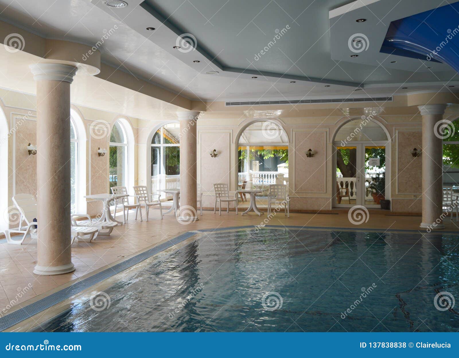Luxurious Pool Interior Design, Sunlight from Panoramic Windows ...