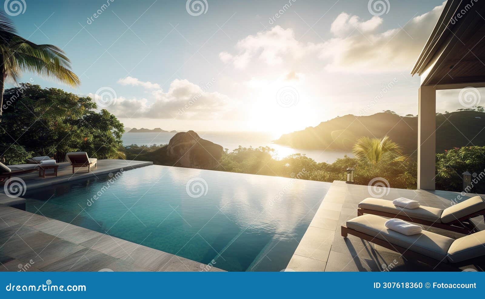 Luxurious Pool Setting with the Sunbeams Casting Soft Shadows on Poolside Lounge Chairs ...