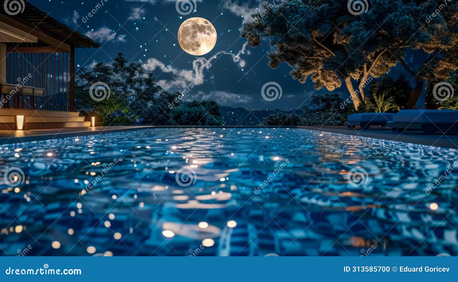 Luxurious Poolside Night Under Full Moon Stock Photo - Image of water ...
