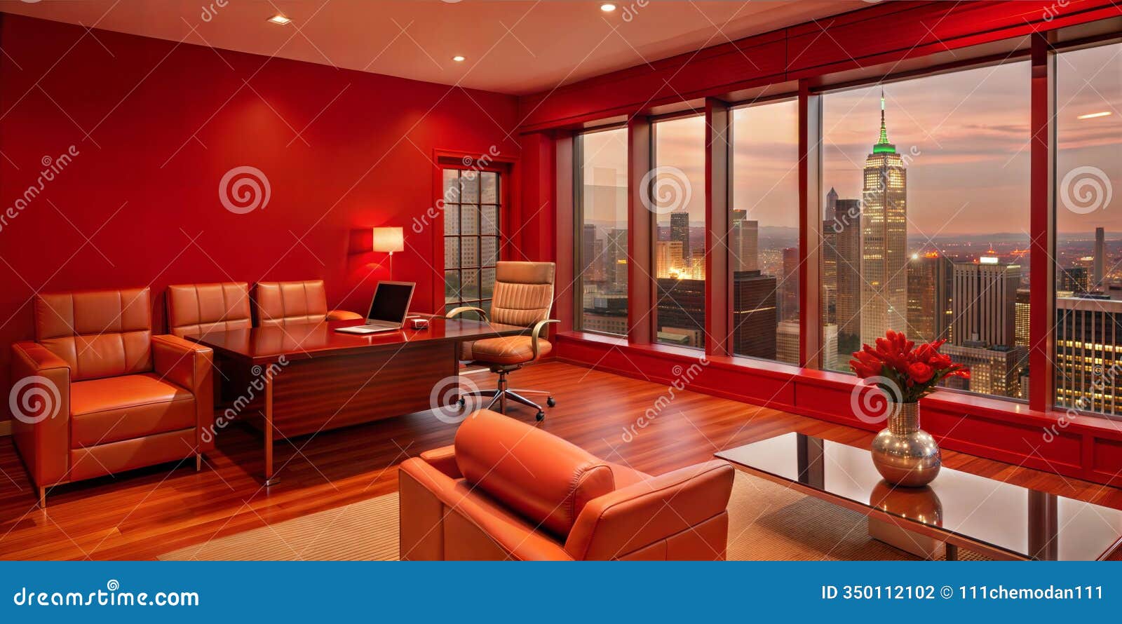 Luxurious Red Office Interior with City Skyline View Stock Illustration ...