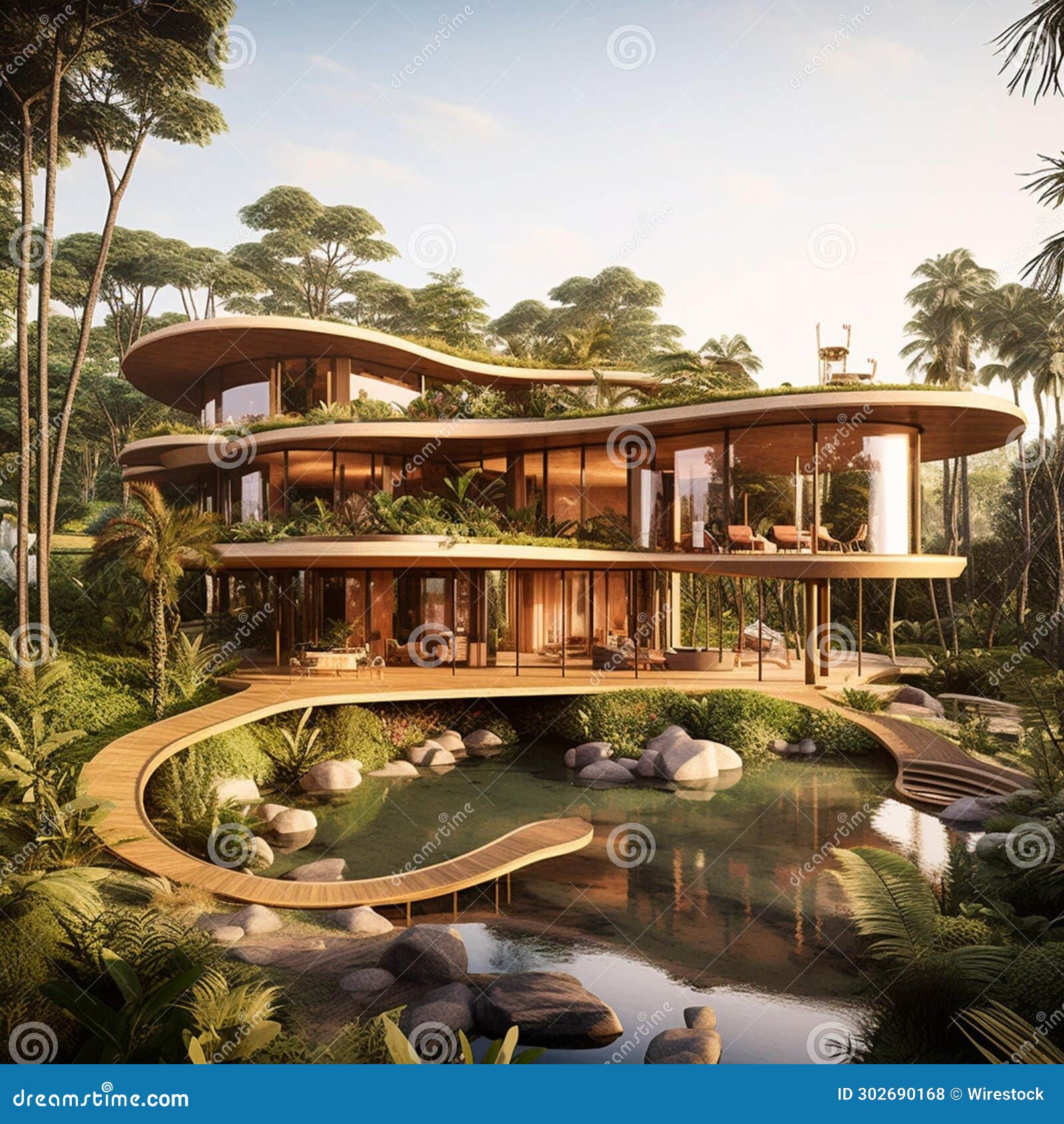 Luxurious Riverside Home Featuring a Spacious Wood Deck Set Amidst Lush ...