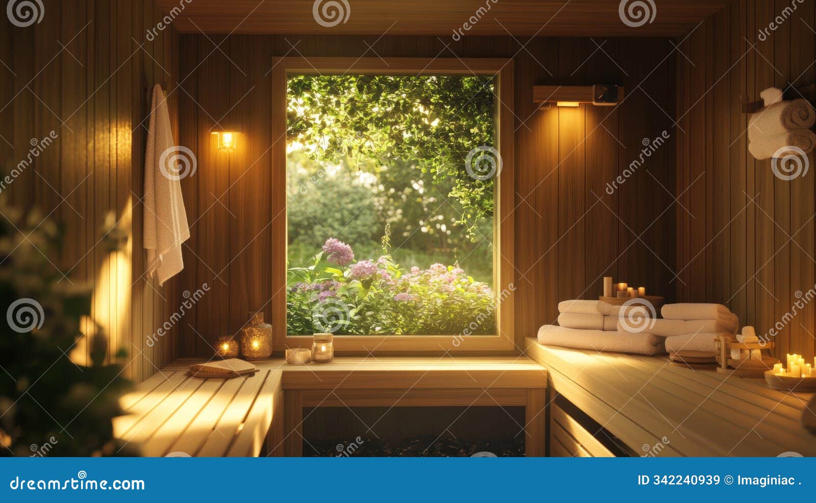 Luxurious Sauna with a Window View of a Garden Stock Illustration ...