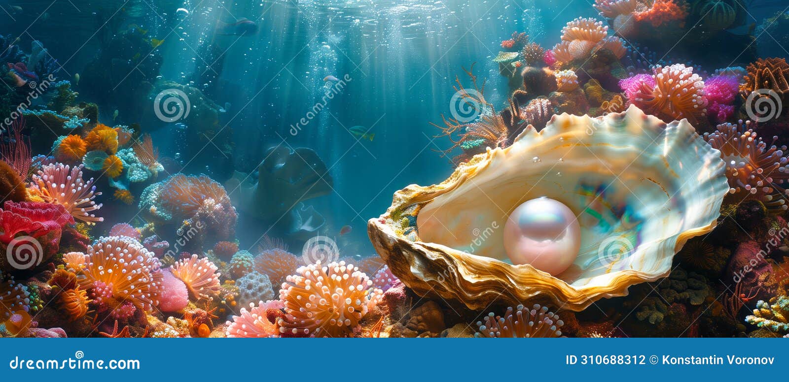 Luxurious Single Pearl in an Open Shell Amidst a Vibrant Coral Reef ...