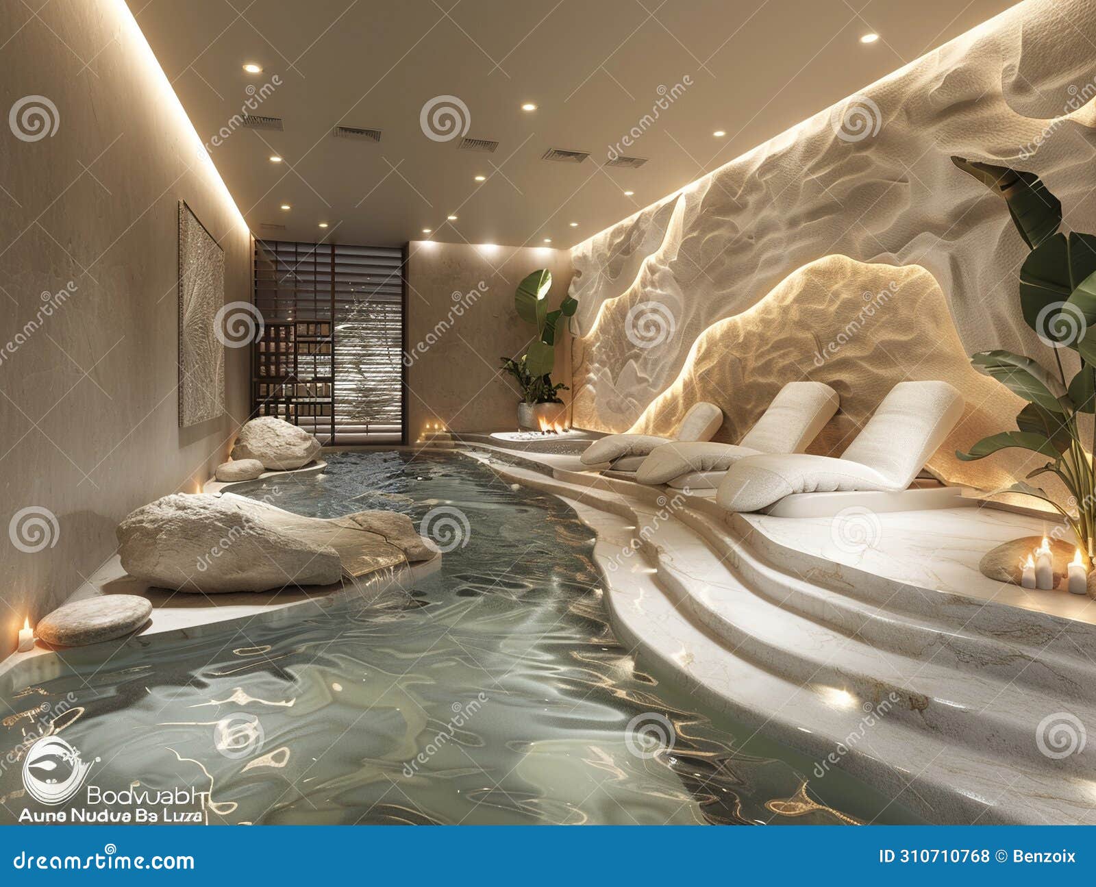 Luxurious Spa Reception with Water Features and Tranquil Music3D Render ...