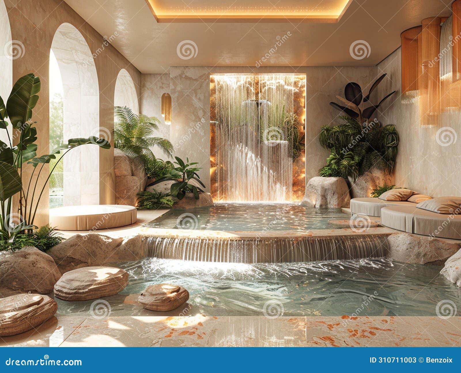 Luxurious Spa Reception with Water Features and Tranquil Music3D Render ...