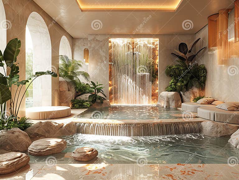 Luxurious Spa Reception with Water Features and Tranquil Music3D Render ...
