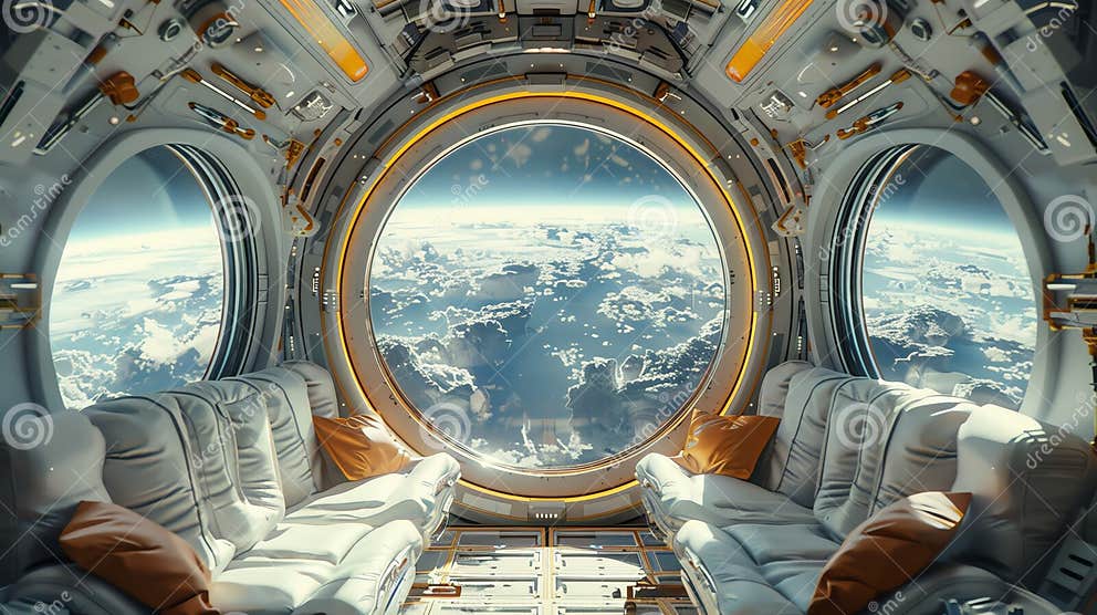 Luxurious Spacecraft Interior with Panoramic Windows and Zero-gravity ...