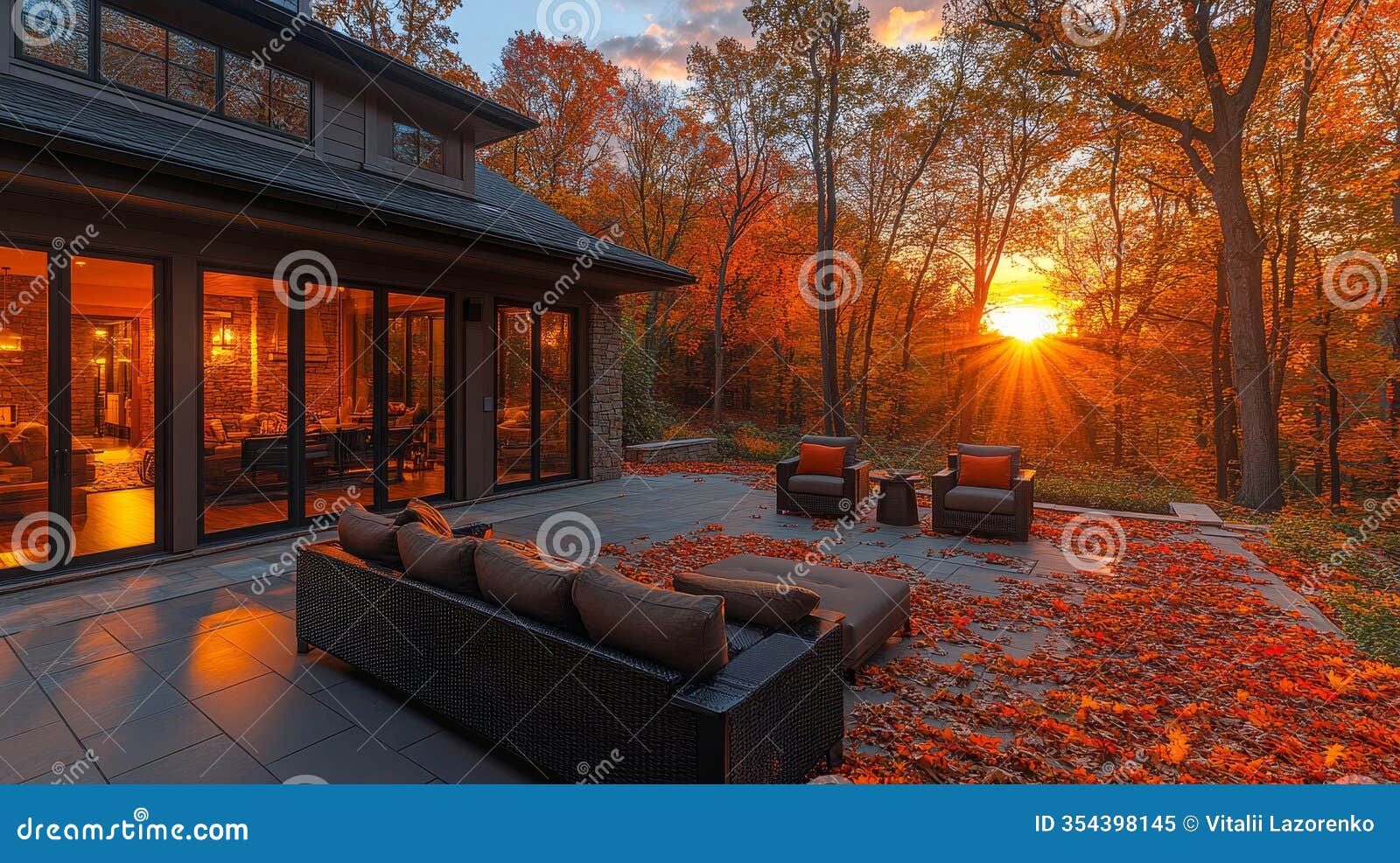 Luxurious Suburban Patio Design at Sunset in Autumn Forest Setting ...