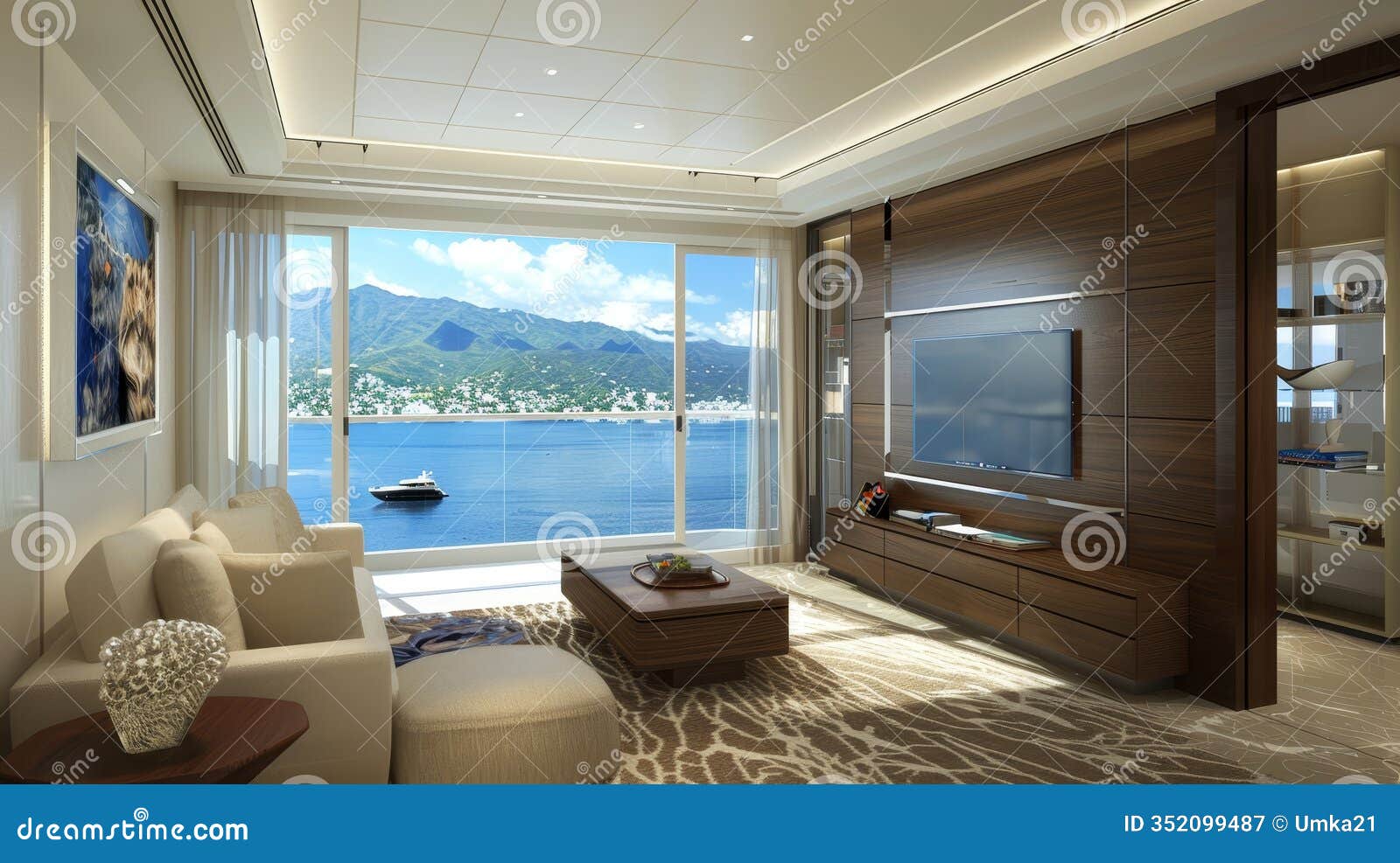 Luxurious Waterfront Living Room with Panoramic Ocean View and Modern ...