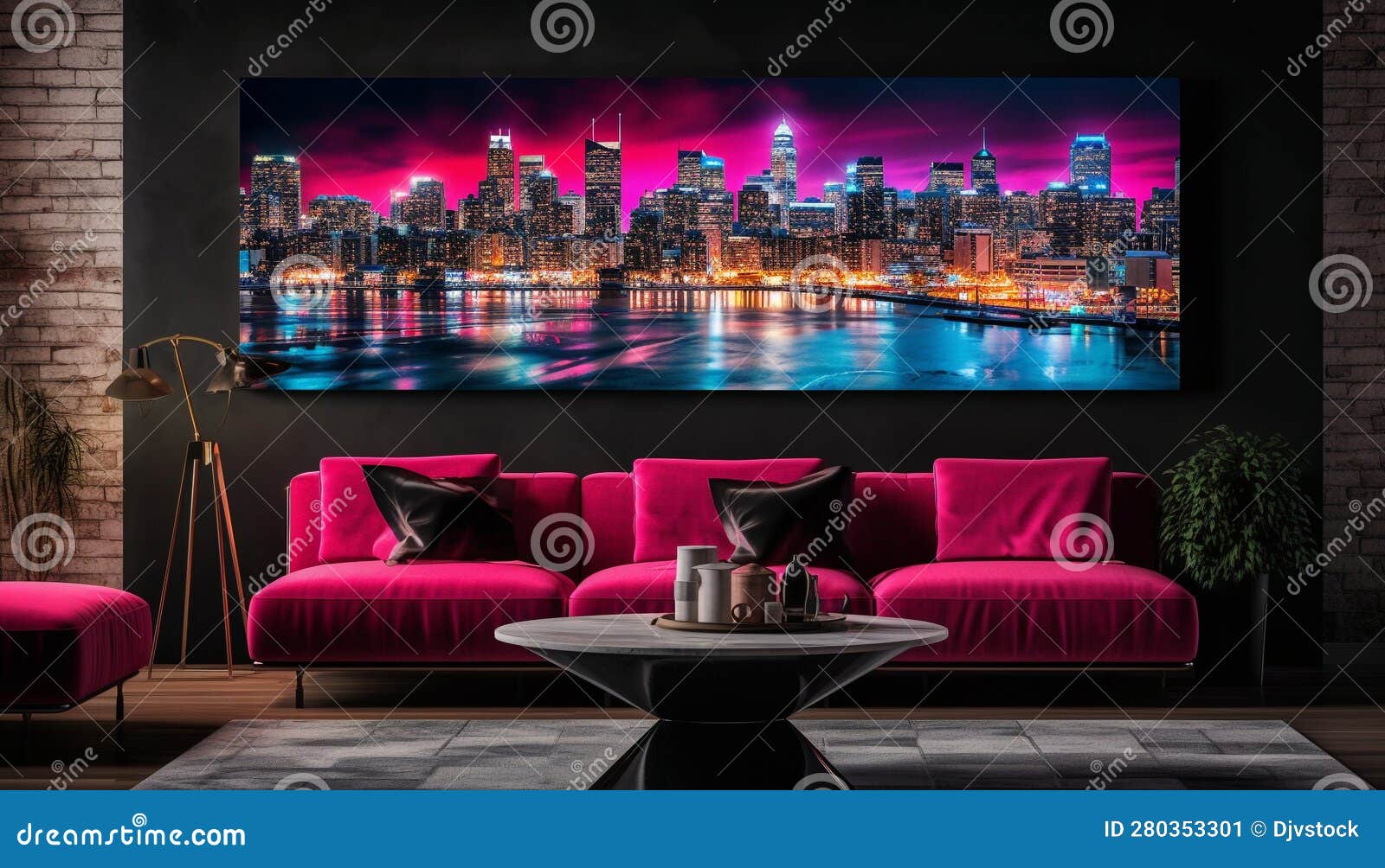 Luxury Apartment with Modern Design, Illuminated by Cityscape Backdrop ...