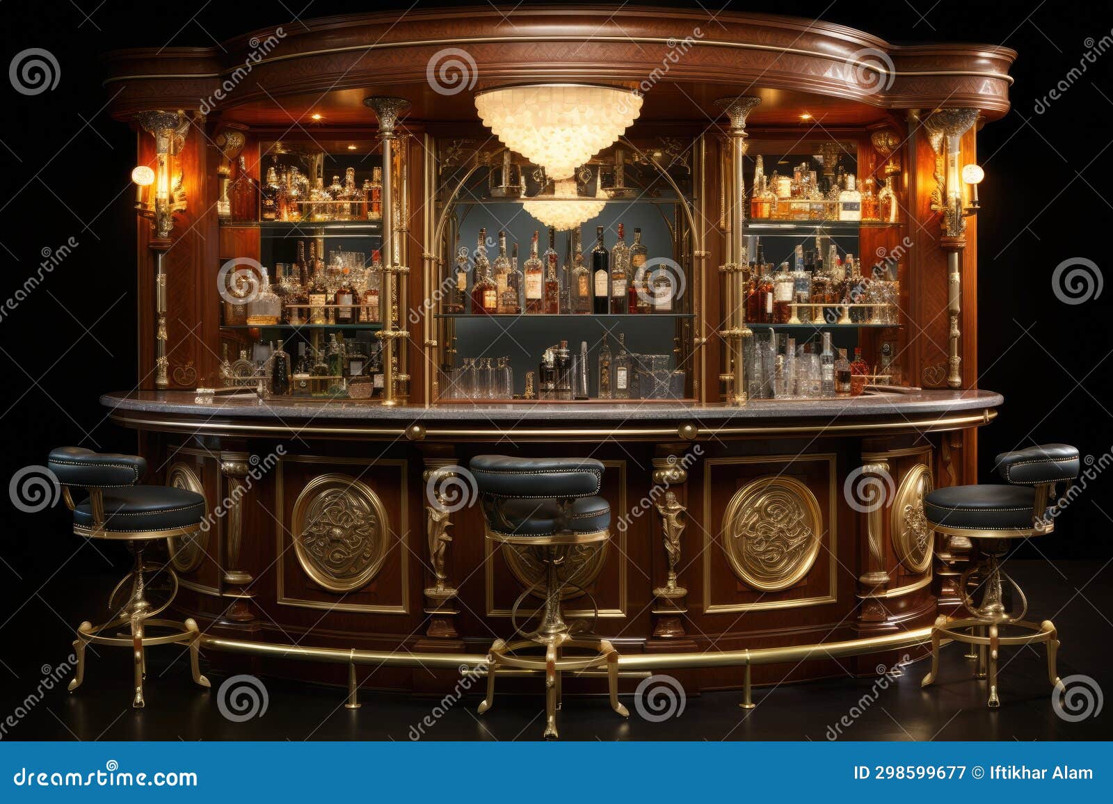 Luxury Bar Counter with Bottles and Candlesticks on Black Background ...