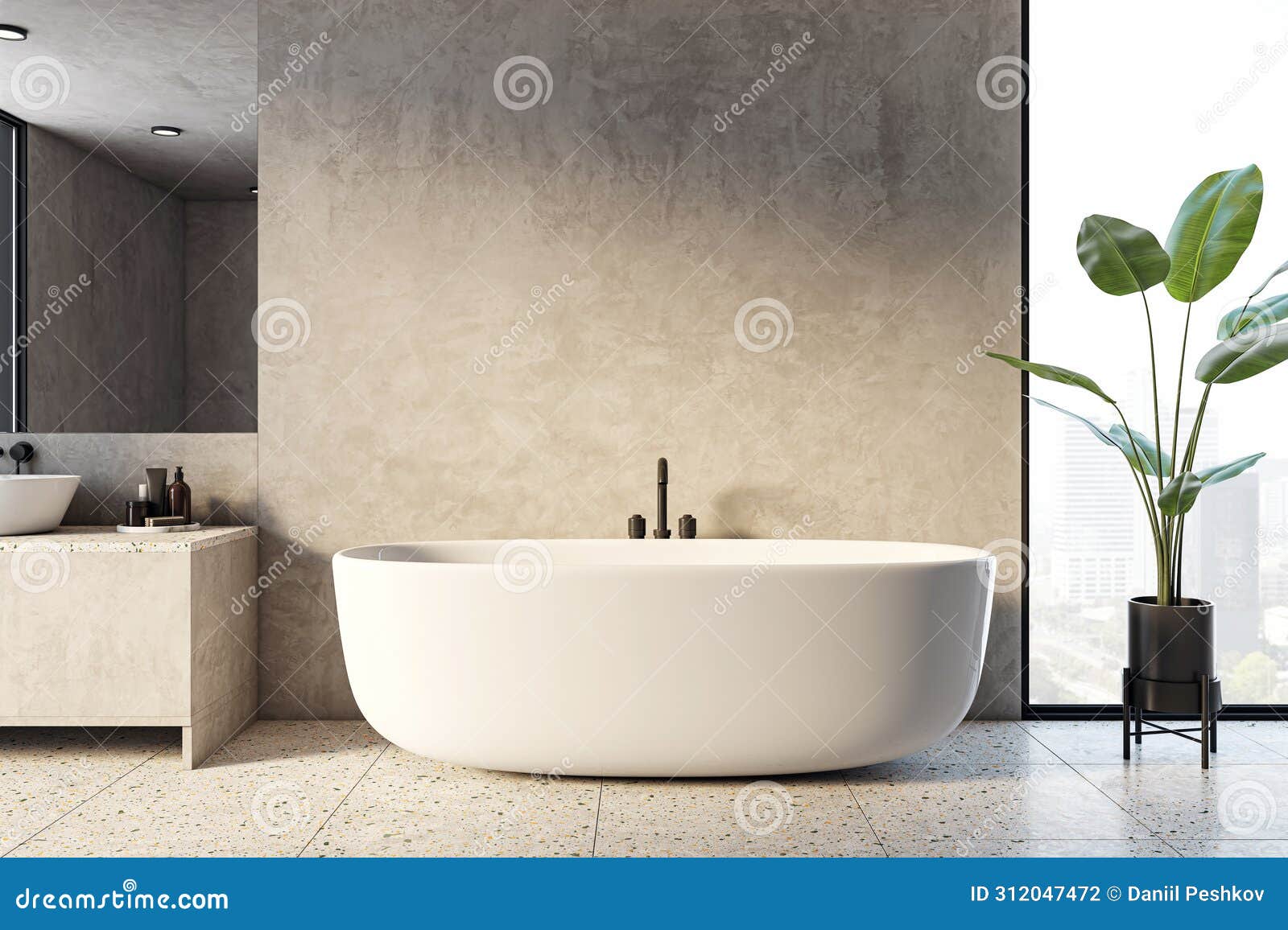 Luxury Bathroom Interior with Freestanding Tub and Urban Backdrop ...