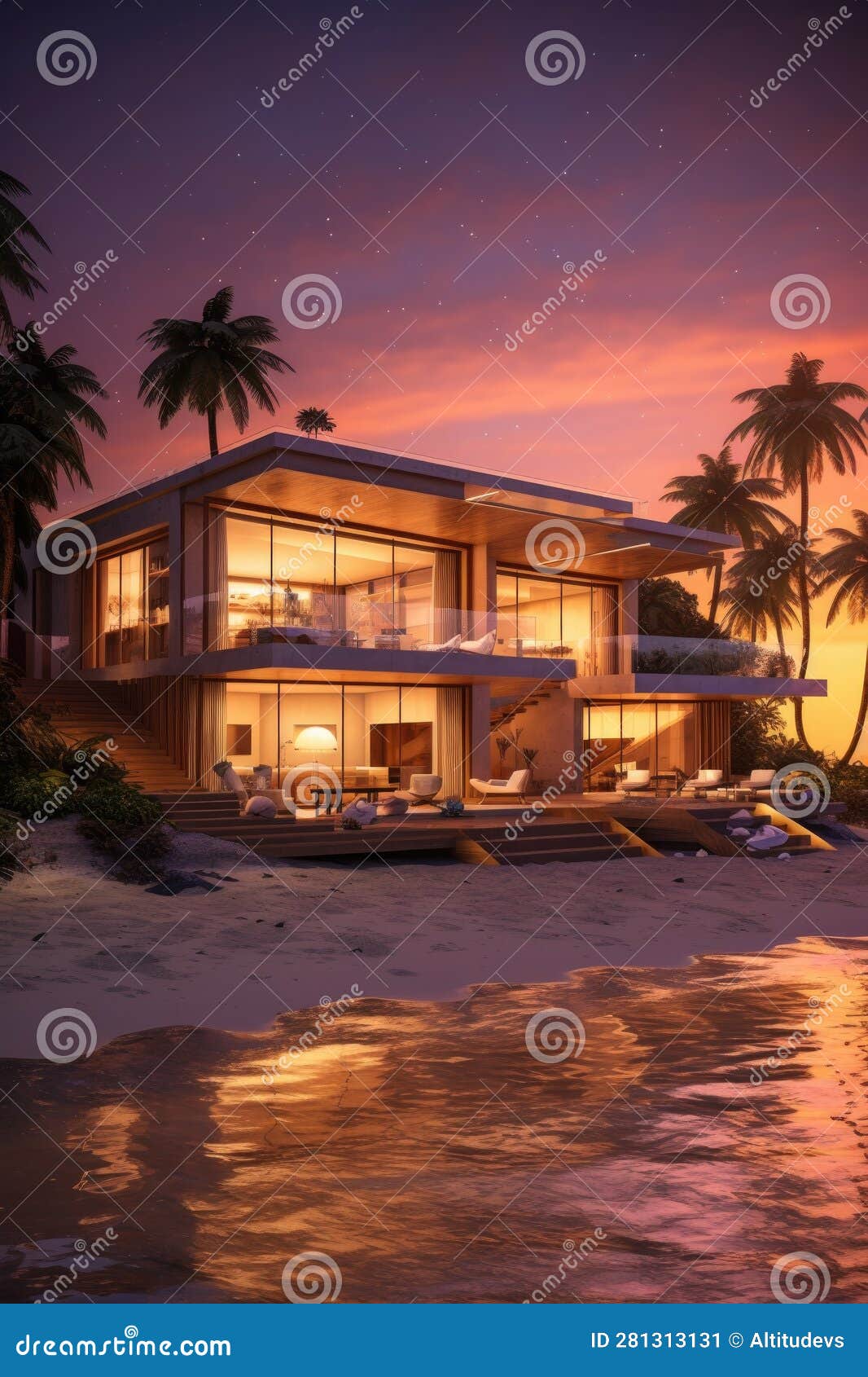 Luxury Beachfront Property at Sunset Stock Illustration - Illustration ...