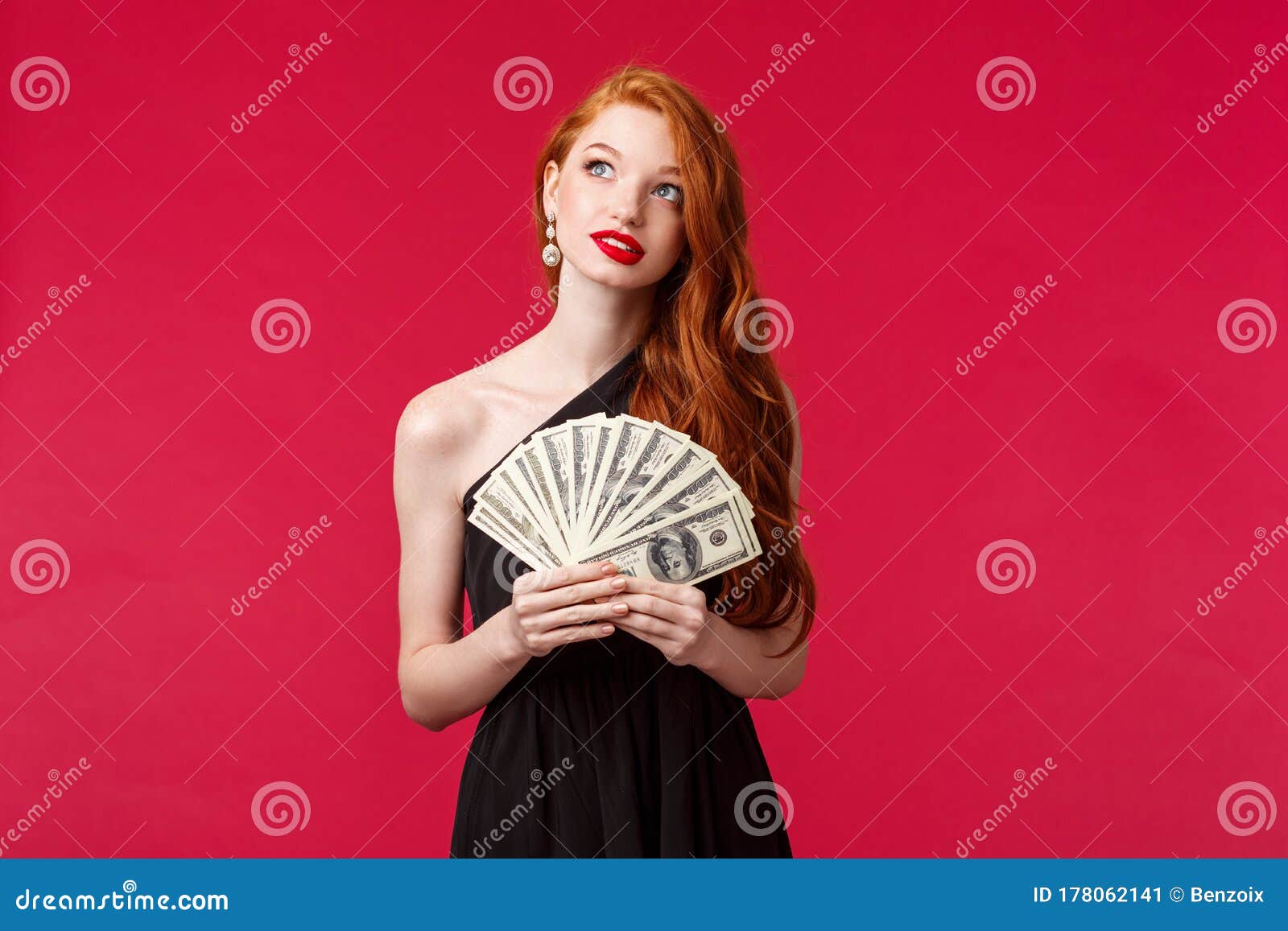 Luxury Beauty And Money Concept Dreamy Good Looking Redhead Woman With Lots Cash Become Rich