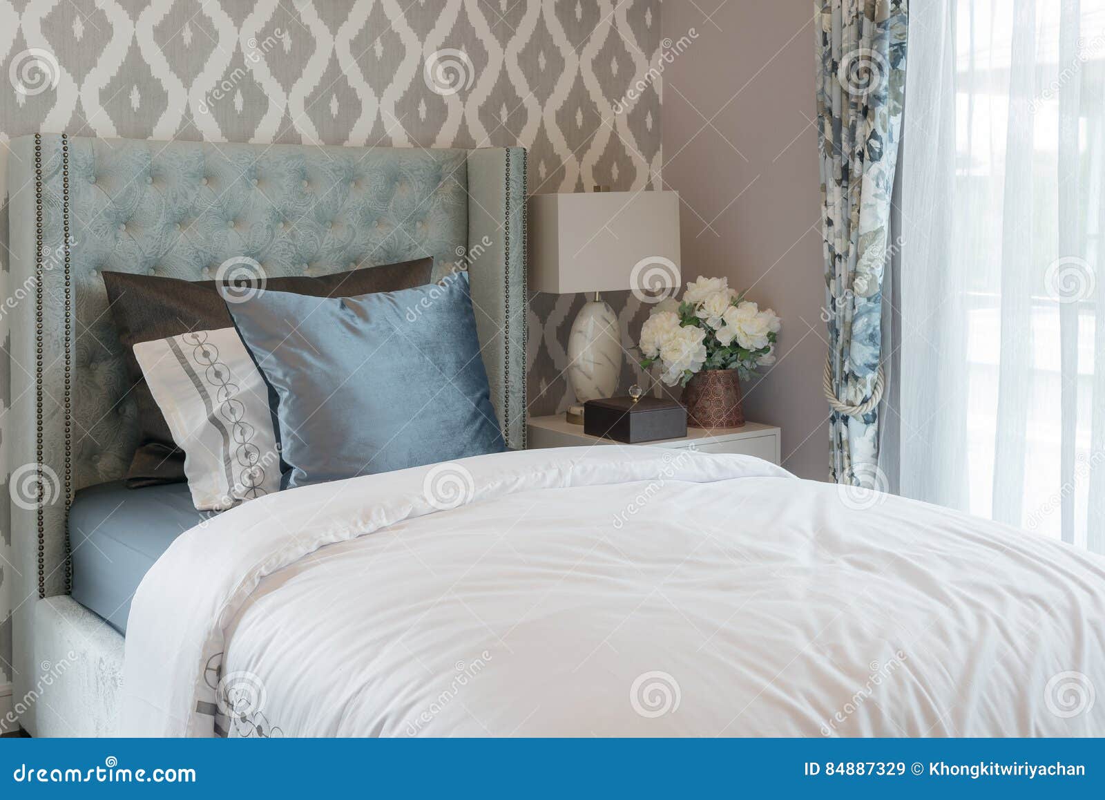 Luxury Bedroom with Classic Single Bed and Set of Pillows Stock Image ...