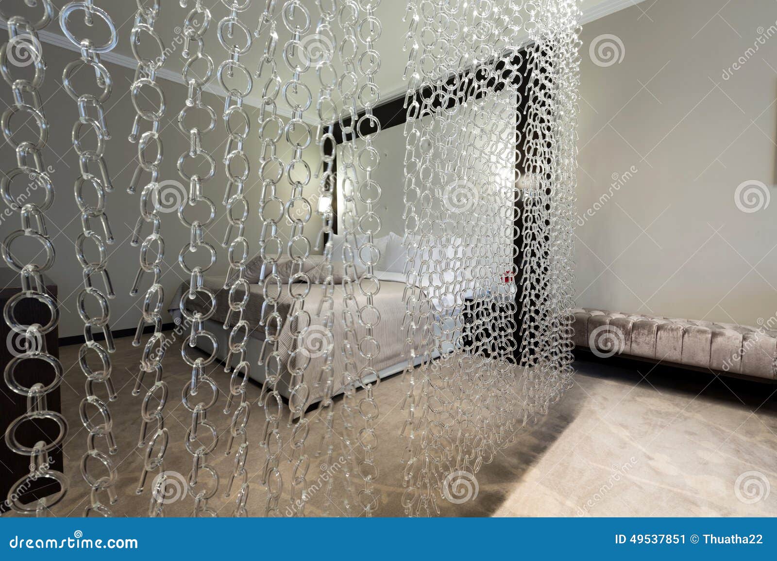 Luxury Bedroom Interior with Chain Curtain Stock Image - Image of ...