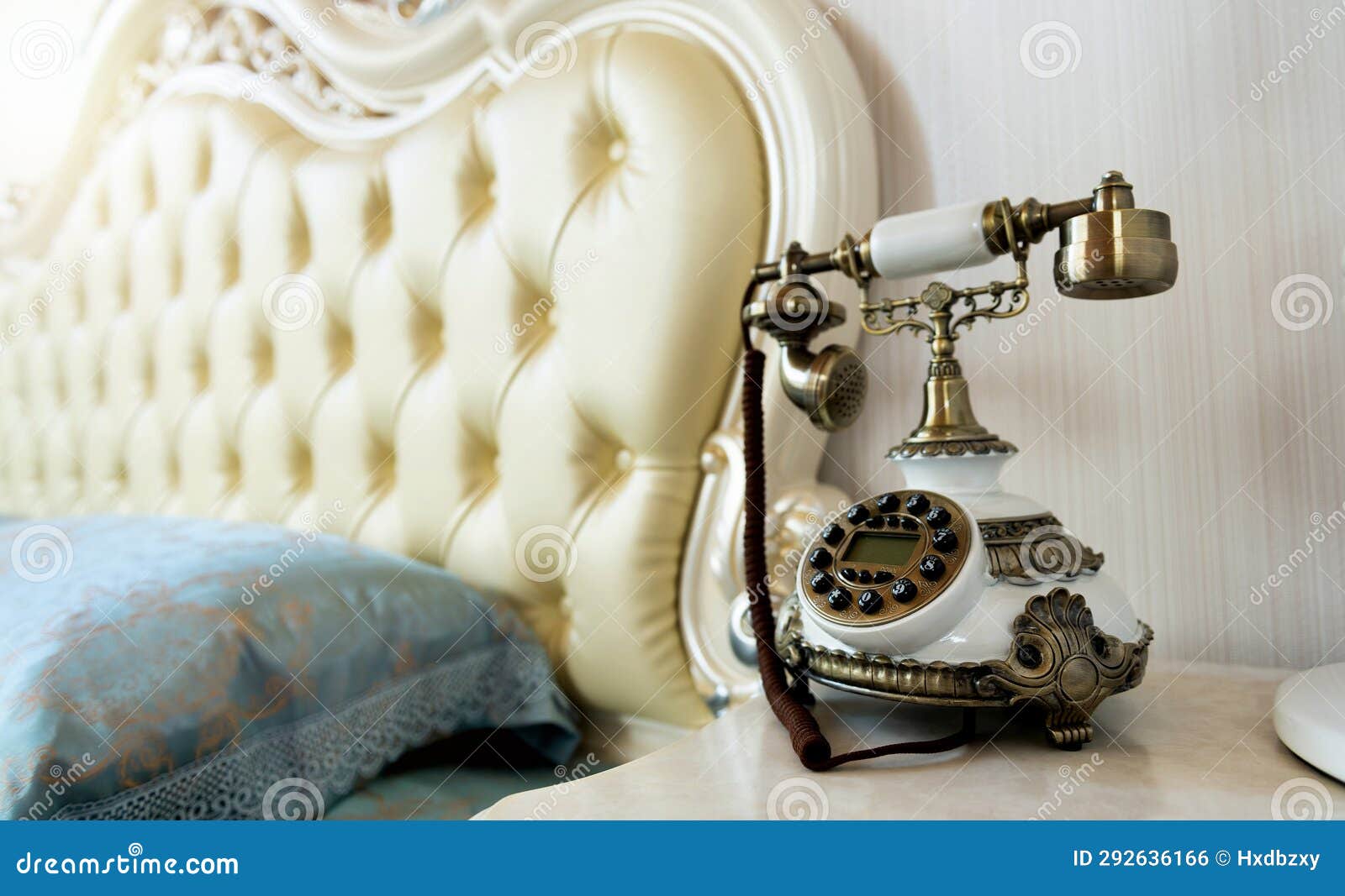 Bedroom Interior with Vintage Telephone on beside Table Stock Photo ...