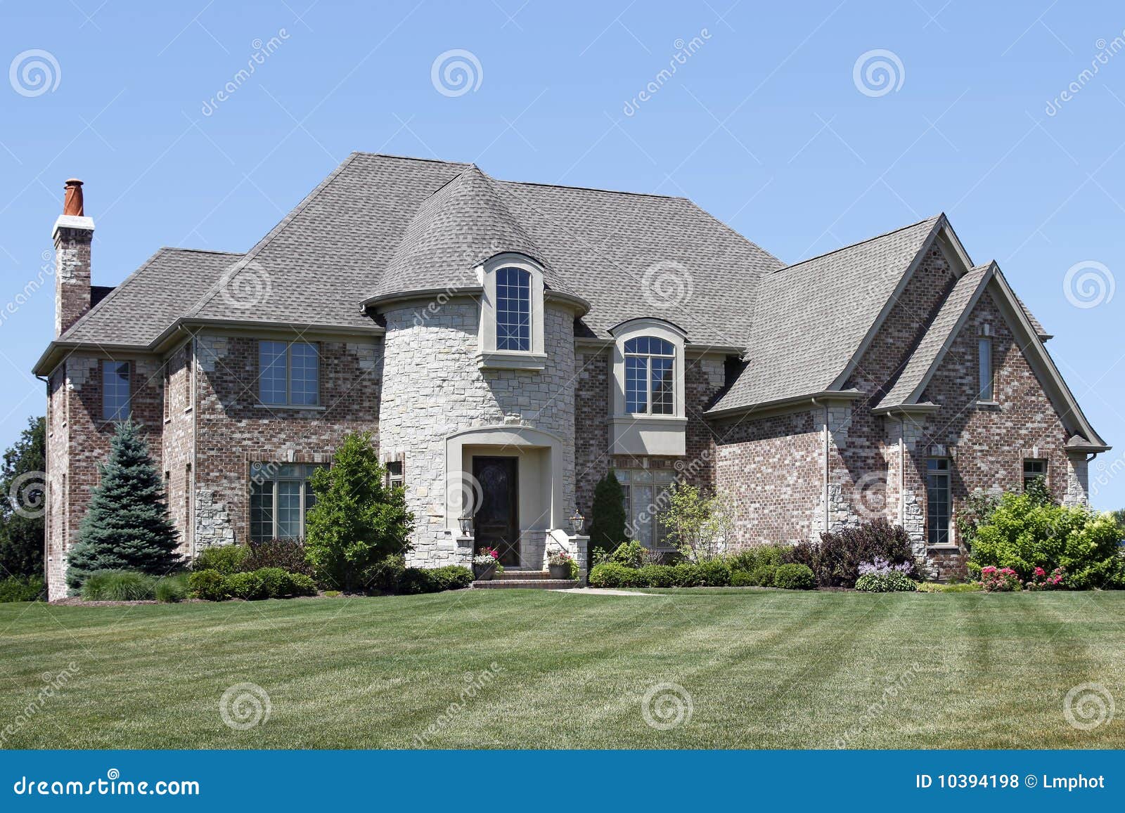 Luxury Brick Home with Turret Stock Photo - Image of large, detached ...
