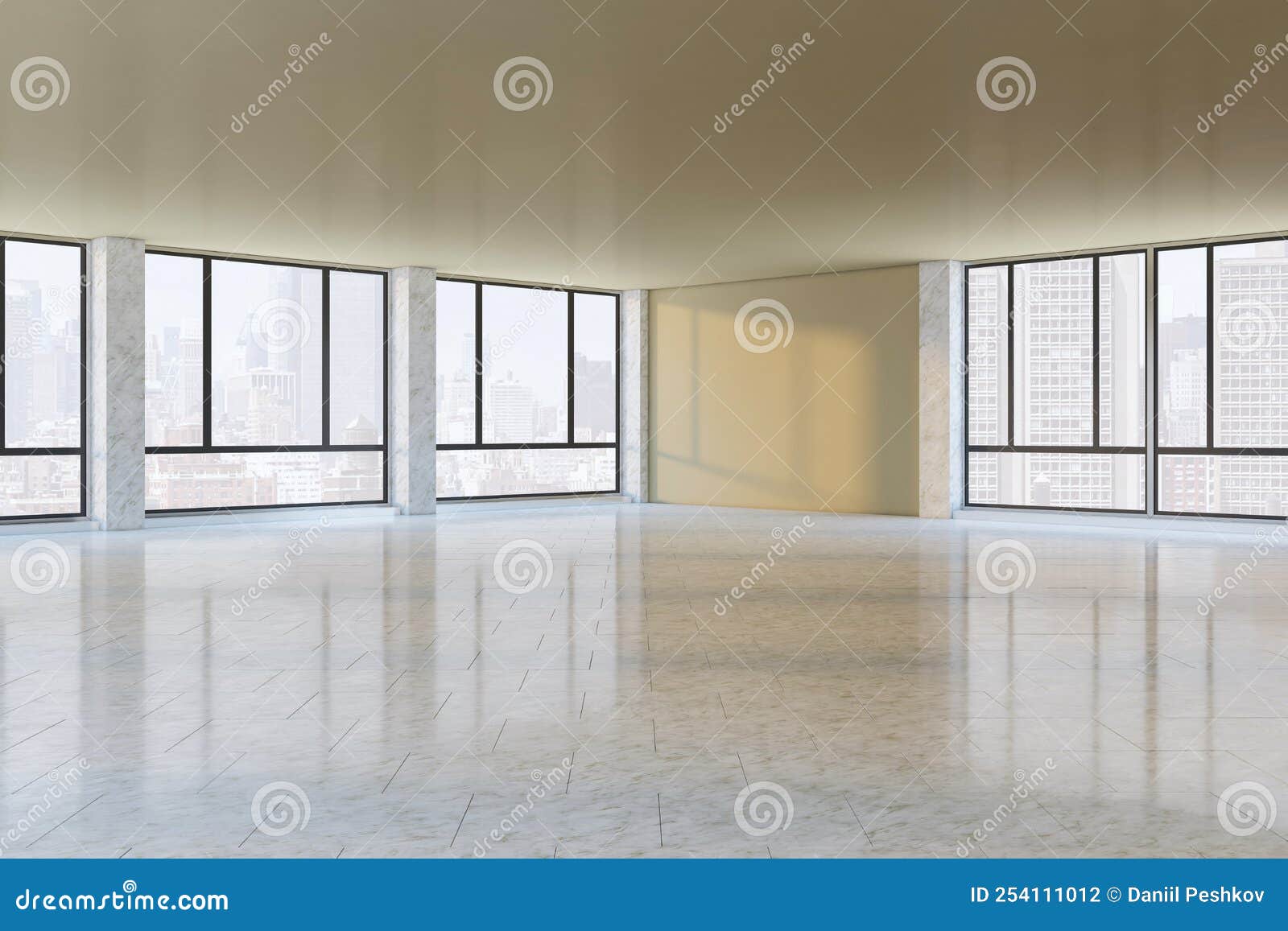 Luxury Bright Room Interior with Panoramic Windows, Reflections and ...