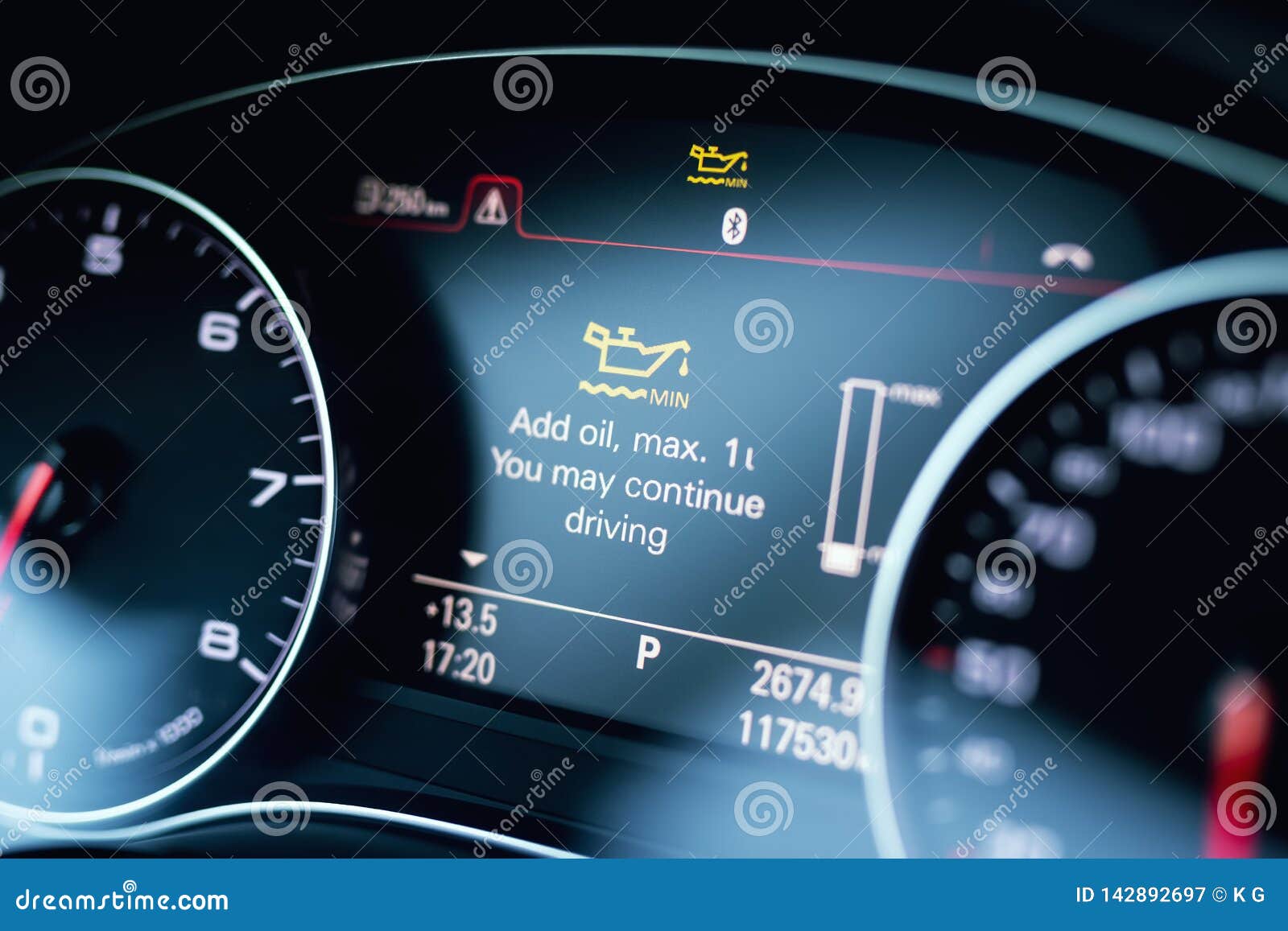 Luxury Car Color Screen Dashboard with Warning Message. Low Engine Oil ...