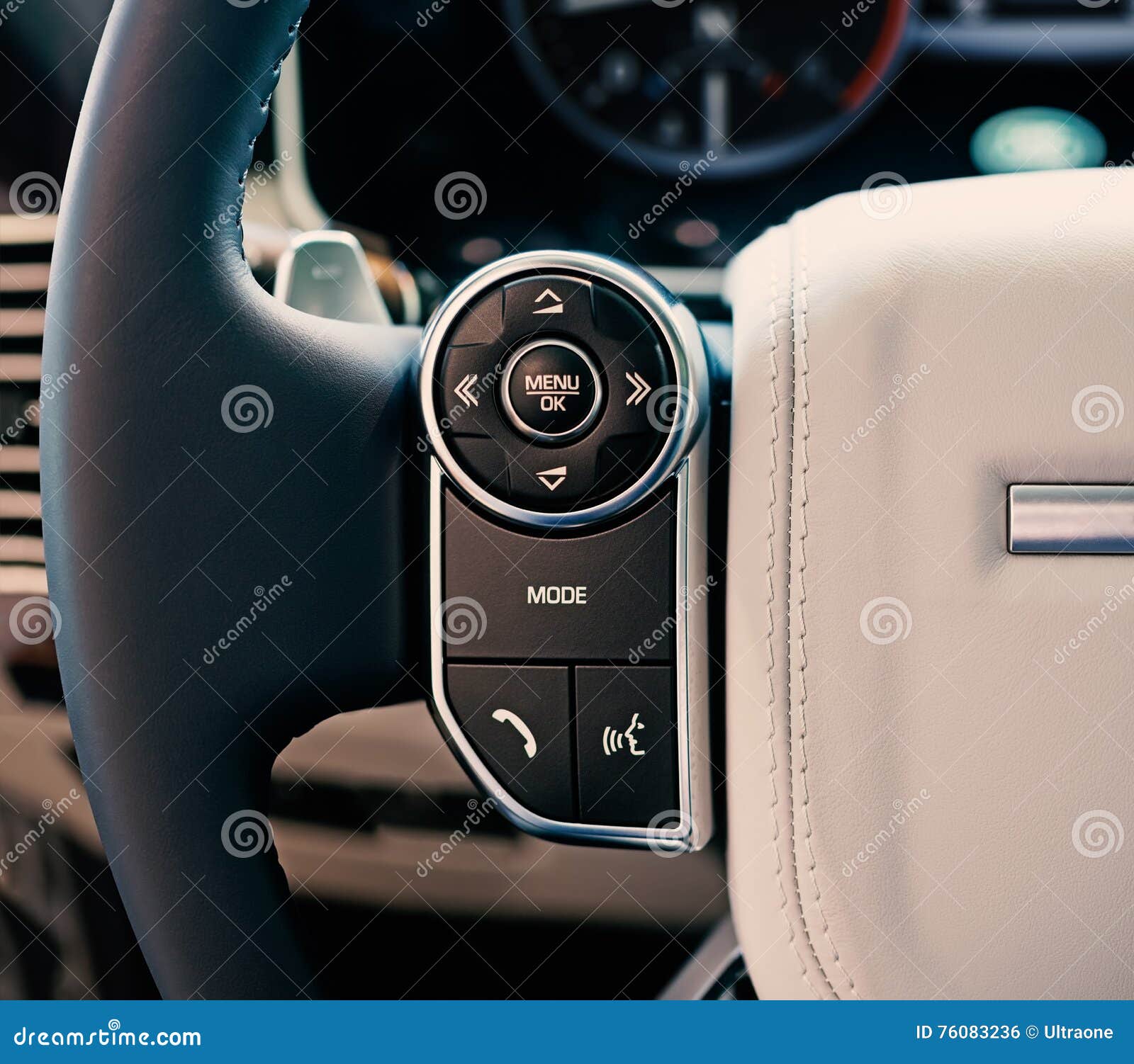 Luxury Car Interior: Multimedia System Control on the Steering W Stock ...
