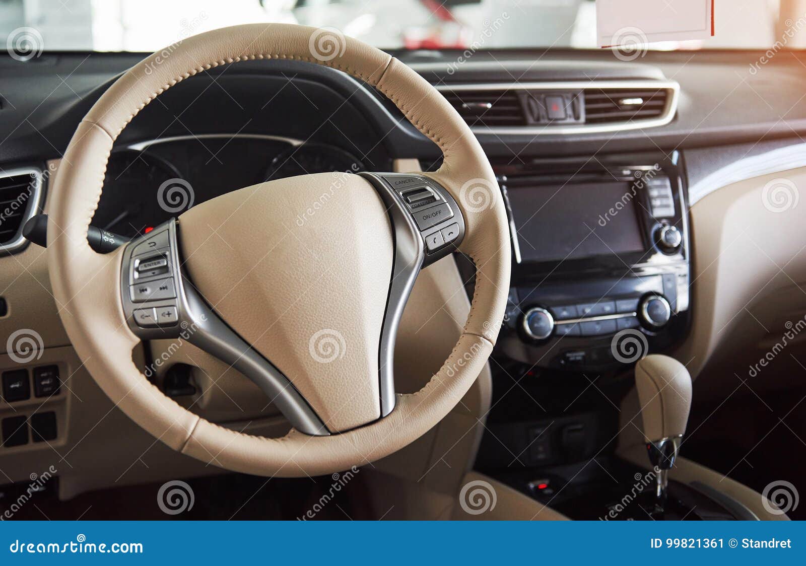 Luxury Car Interior - Steering Wheel, Shift Lever, Dashboard and ...