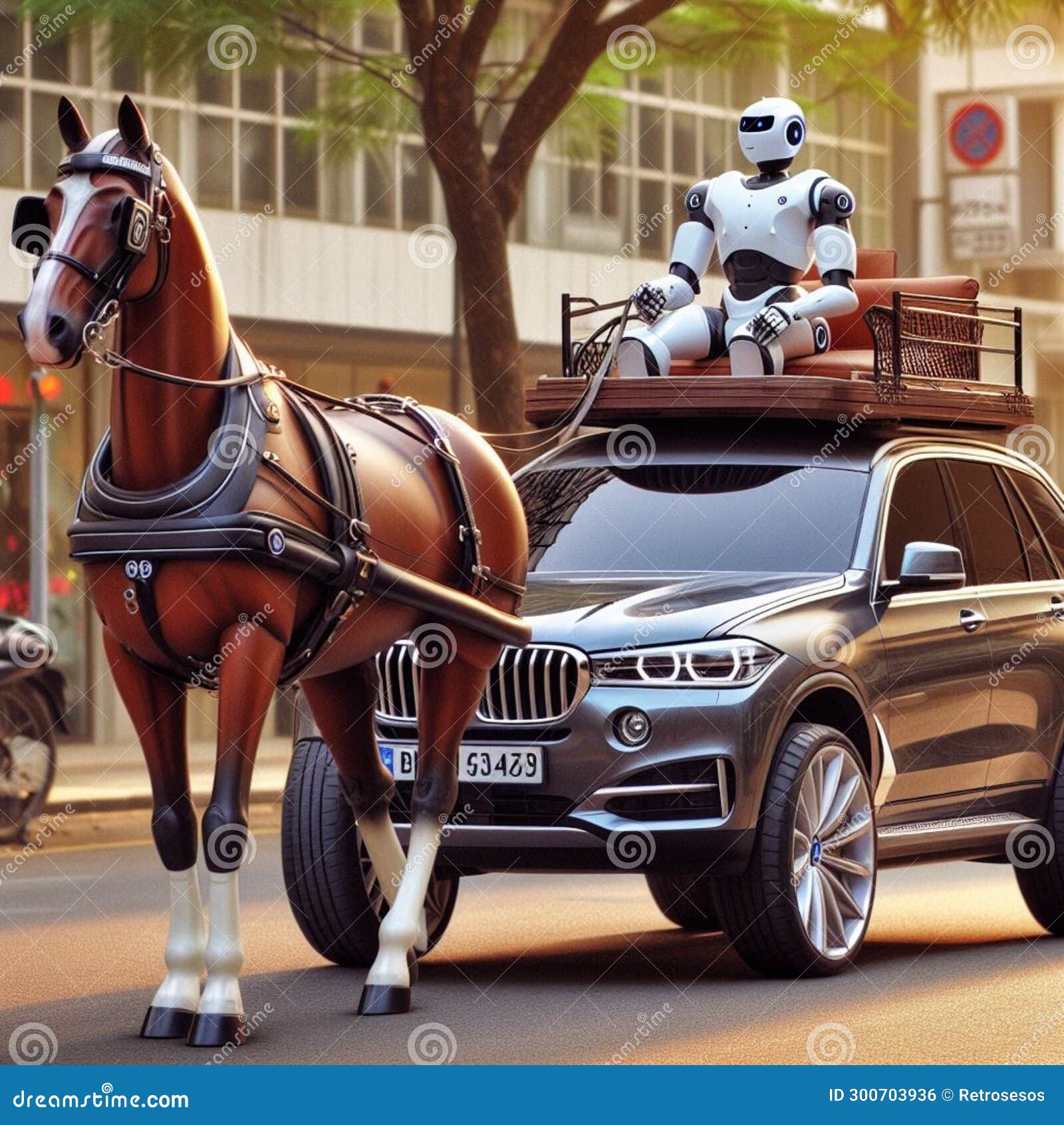 Luxury Carriage Driven by Robot Pulled by Horse from Petrol Suv ...