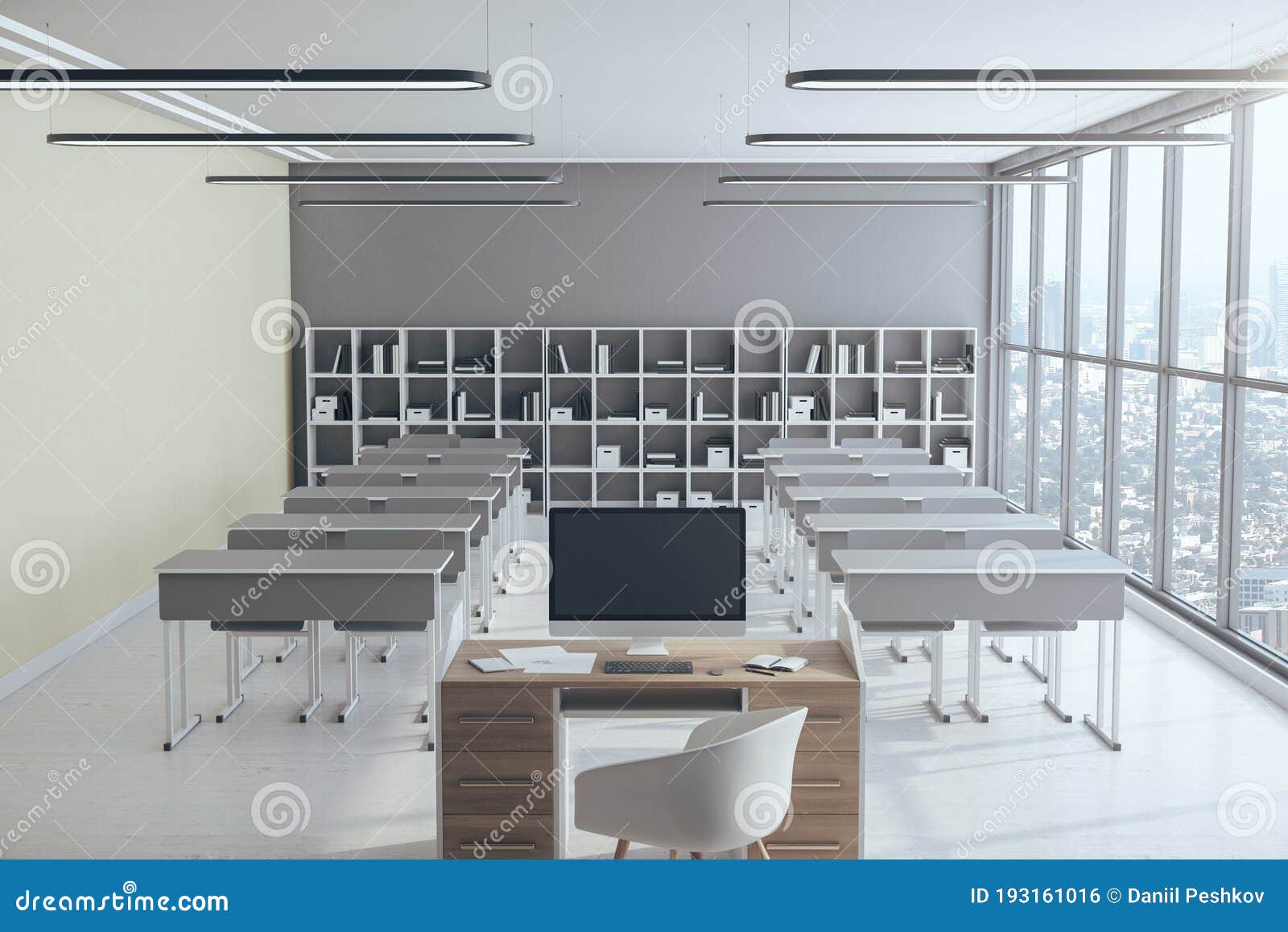 Luxury Classroom Interior with Computer on Table Stock Illustration ...