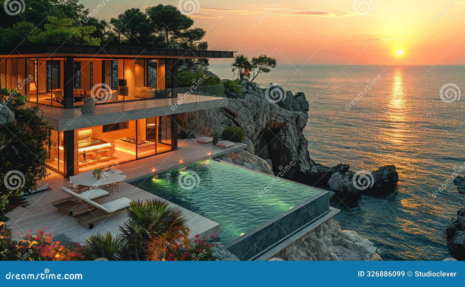 Luxury Cliffside Villa Overlooking Ocean Sunset - Generative Ai Stock ...