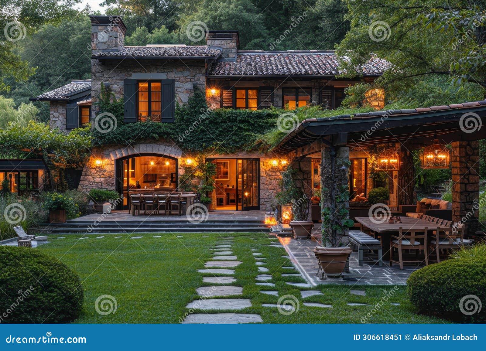 Luxury Country House with Evening Lighting after Sunset Stock Image ...
