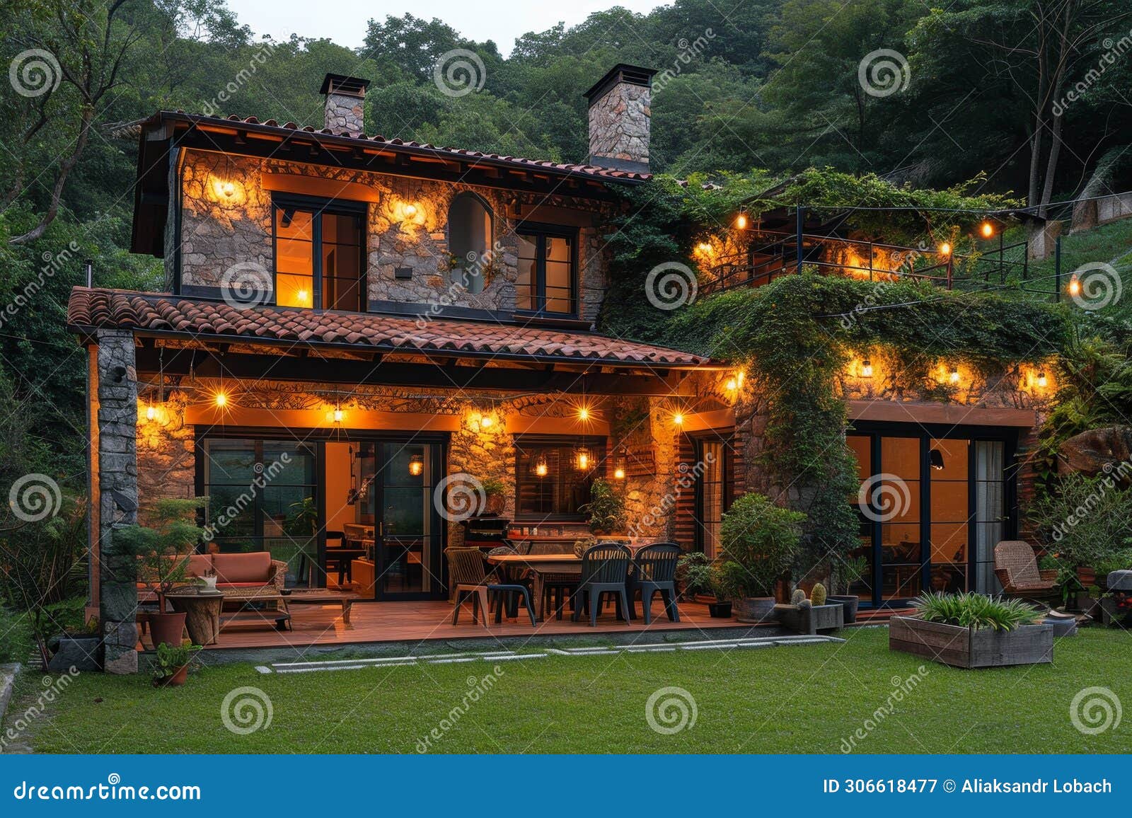 Luxury Country House with Evening Lighting after Sunset Stock Image ...