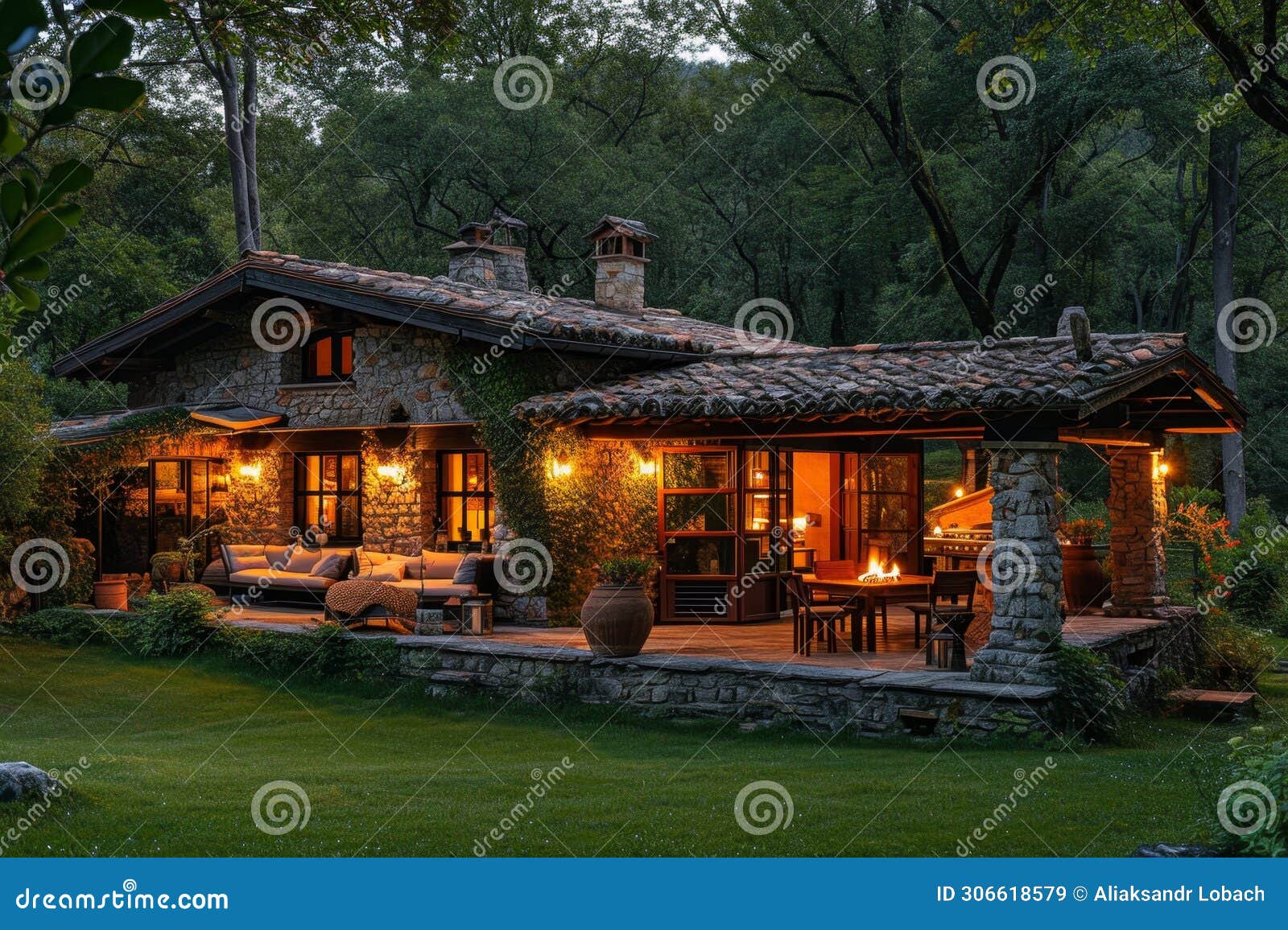 Luxury Country House with Evening Lighting after Sunset Stock Image ...