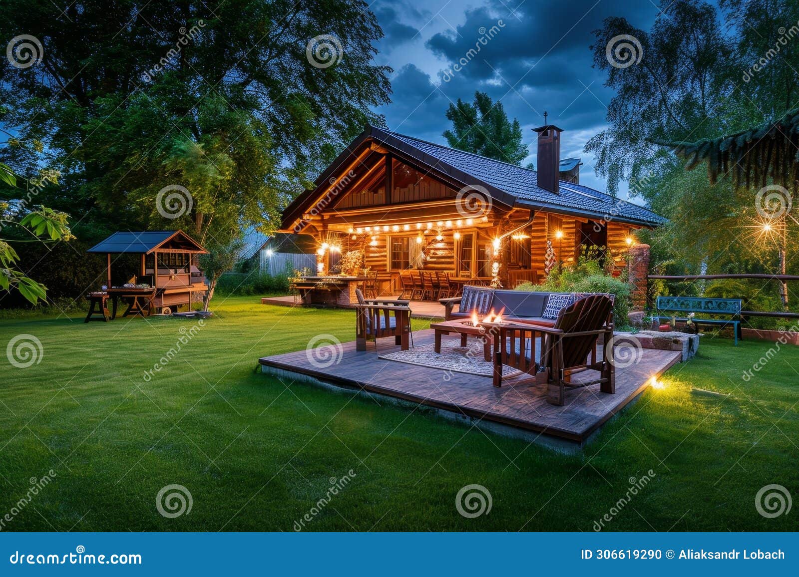 Luxury Country House with Evening Lighting after Sunset Stock Photo ...